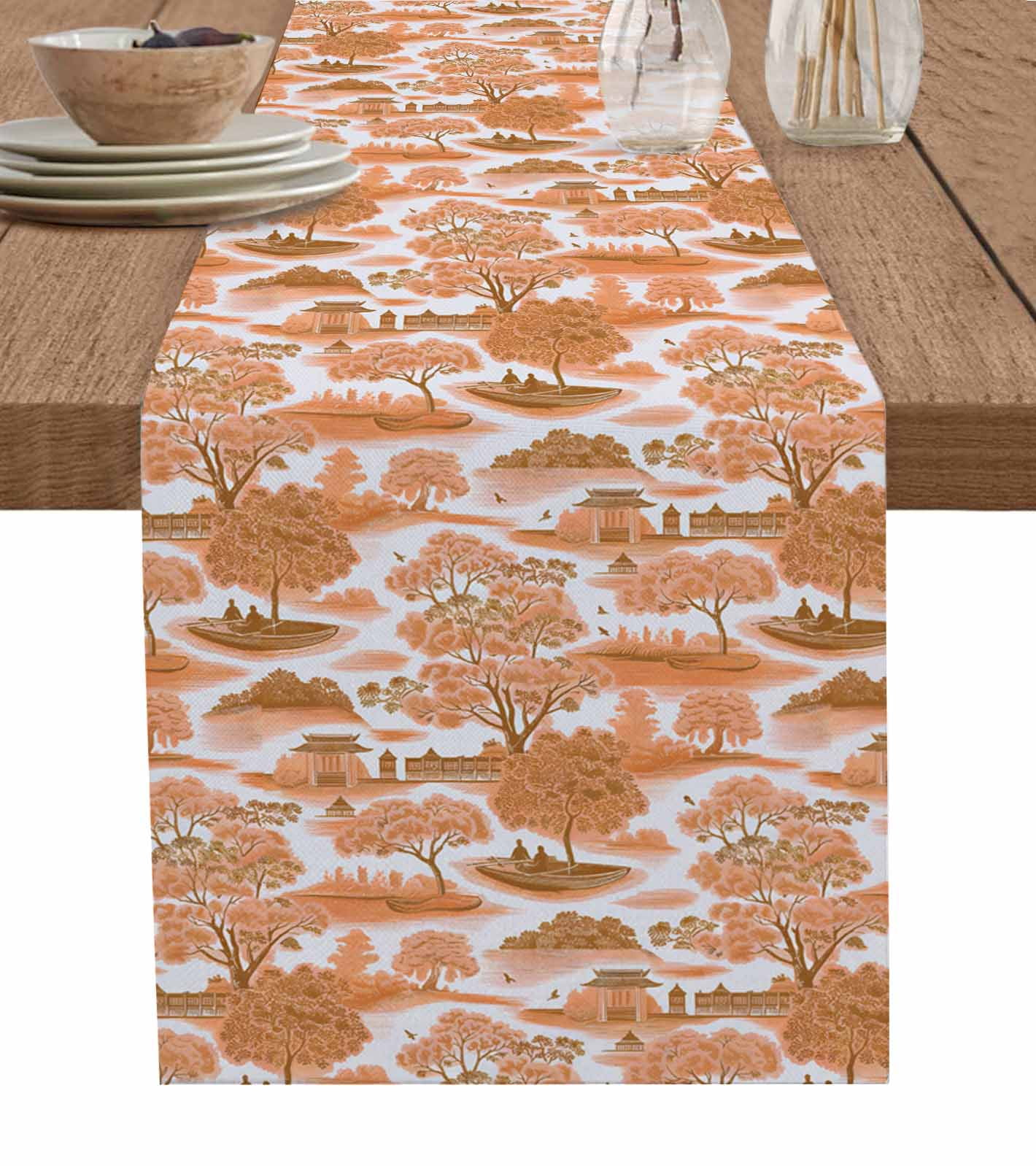 Orange Garden Table Runner 90 Inches, Modern Art Building Trees Boat ...