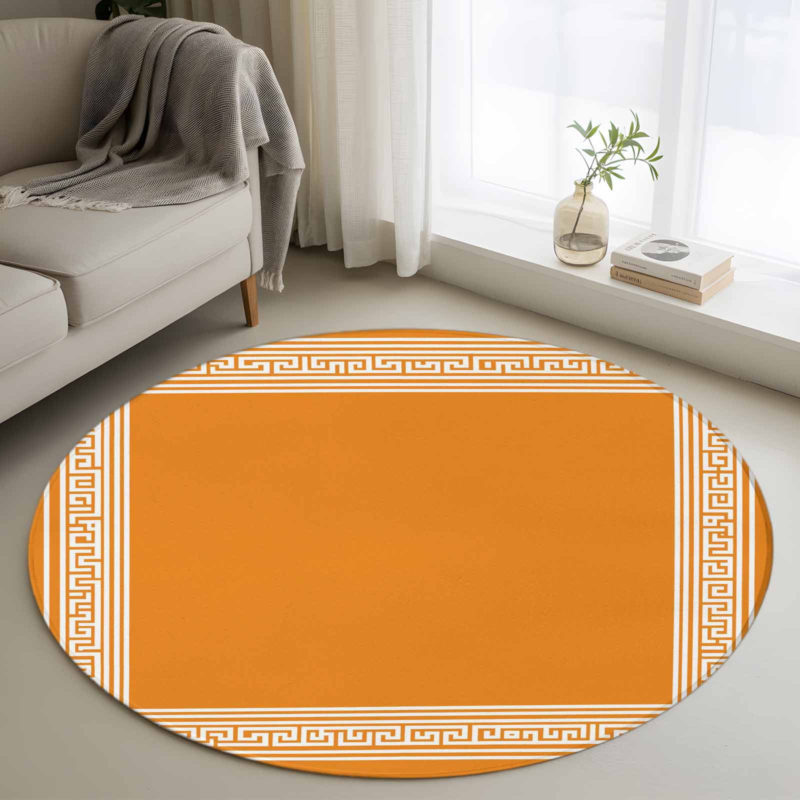 Orange Geometric 3ft Round Rug, White Greek Key Design Abstract Modern ...