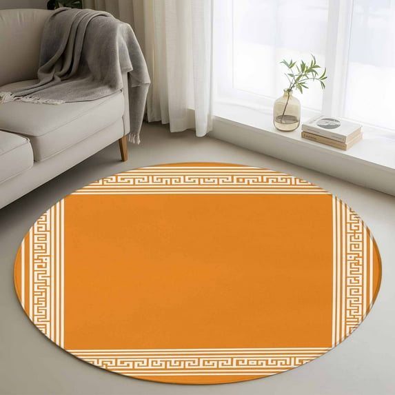 Orange Geometric 3ft Round Rug, White Greek Key Design Abstract Modern ...