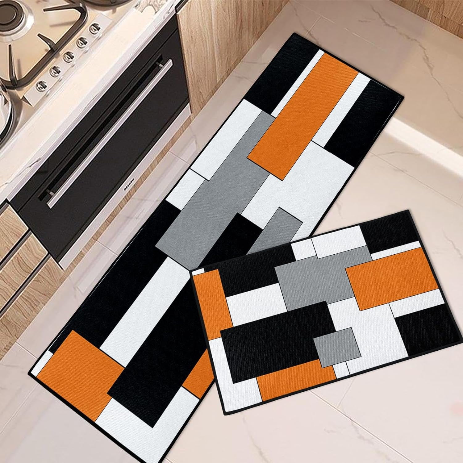 Orange Geometric Kitchen Rugs - Checked Black Grey Minimalist Runner ...