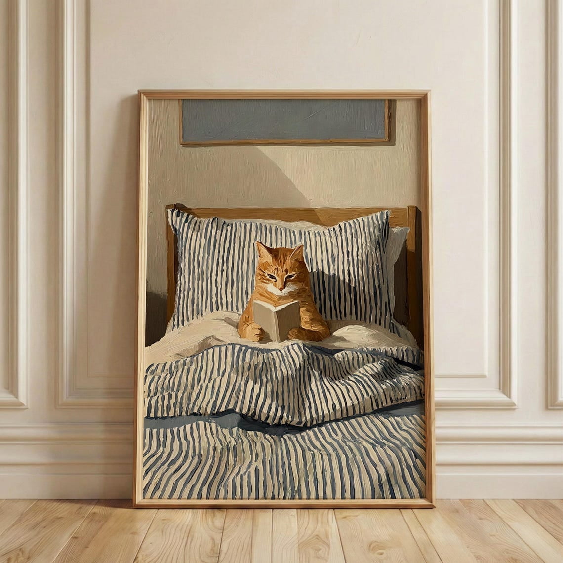 Orange Ginger Cat Reading Book in Bed Cozy Tabby Nook Decor Lover ...