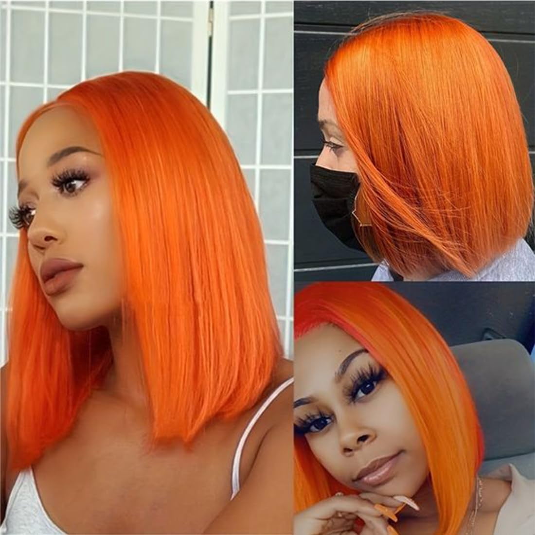 Orange Ginger Lace Front Wigs Human Hair Pre Plucked Bob Wig 12 Inch 180 Density 13x4 HD Lace ...