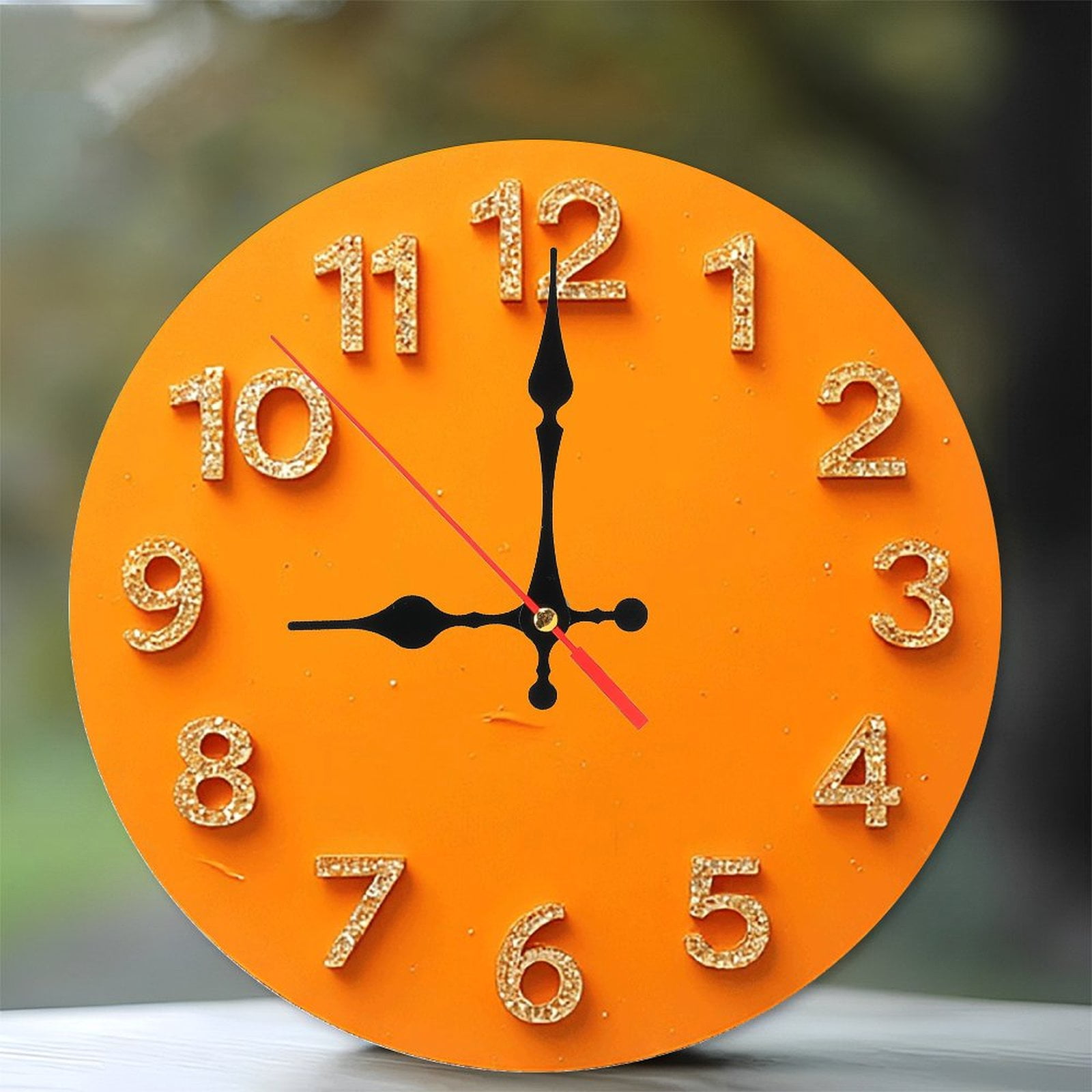 Orange Glitter Number Clock Wall Decor 10-Inch Silent Wooden Wall Clock, Battery Operated (AA ...