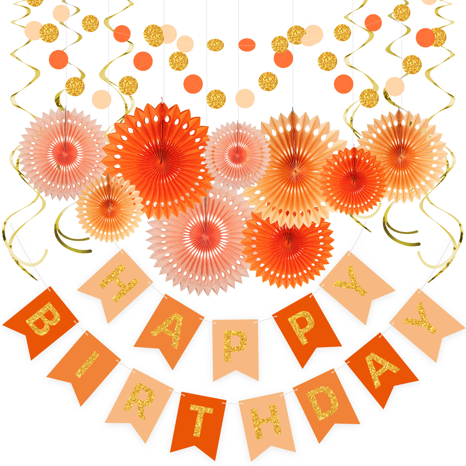 Orange Gold Birthday Decorations, Happy Birthday Banner with Hanging ...