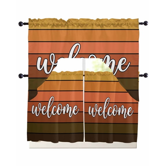 Orange Gradient Wooden Plank Kitchen Curtains Set for Windows 3 Piece ...