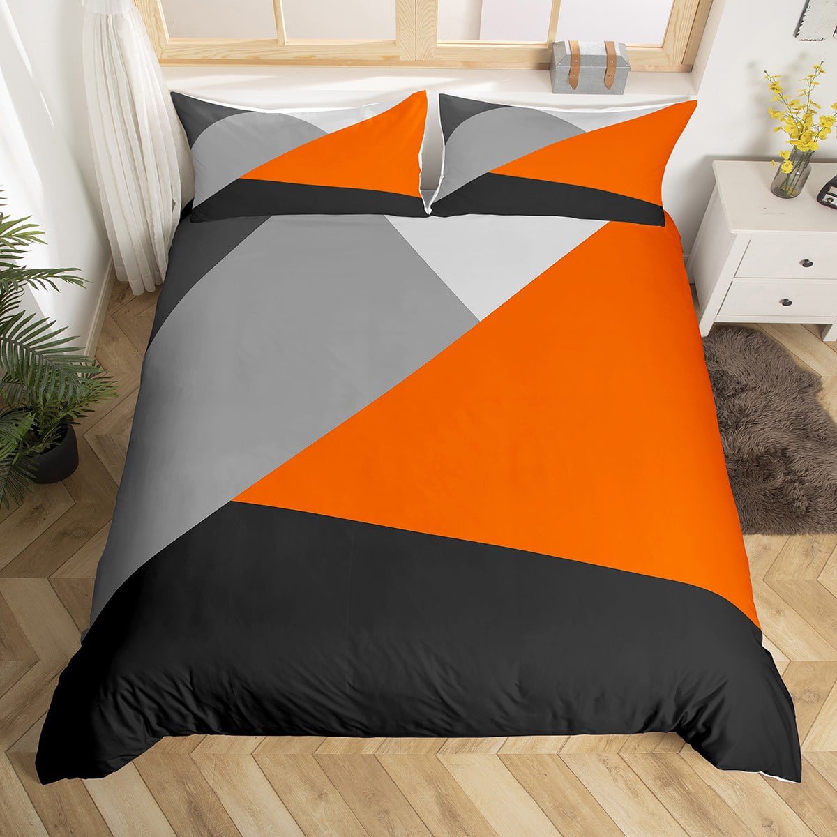 Orange And Gray Duvet Cover Full Patchwork Geometric Triangle Bedding ...