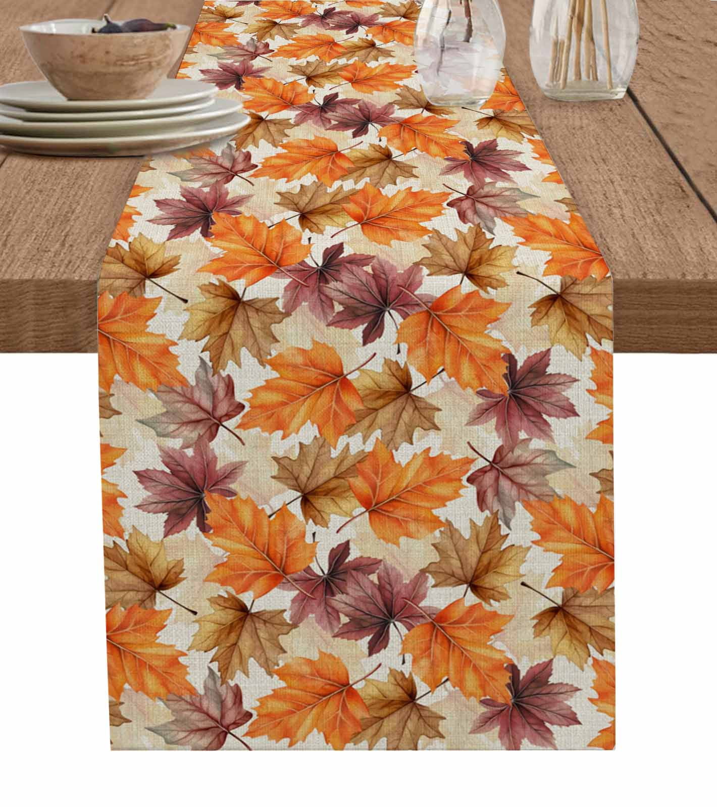 Orange Gray Maple Leaf Table Runner Retro Botanical Watercolor ...