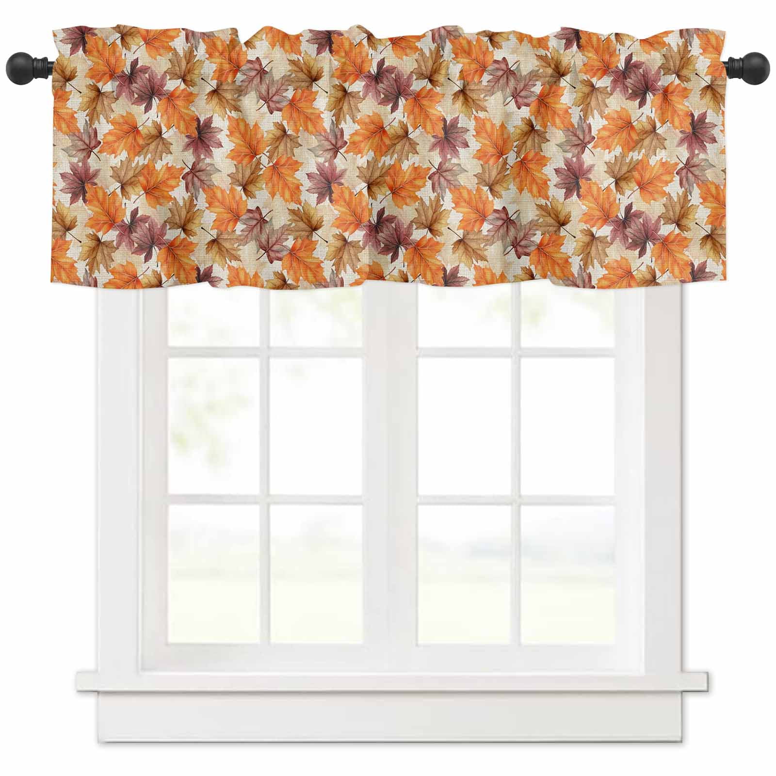 Orange Gray Maple Leaf Valances for Windows Farmhouse Kitchen Curtains ...