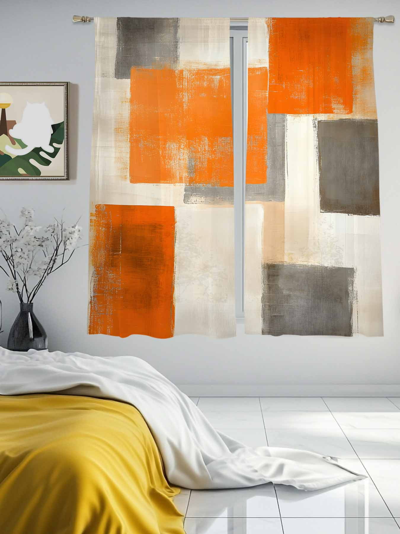 Orange Gray Paint Sheer Curtains 63 inches Long 2 Panels Set Abstract ...