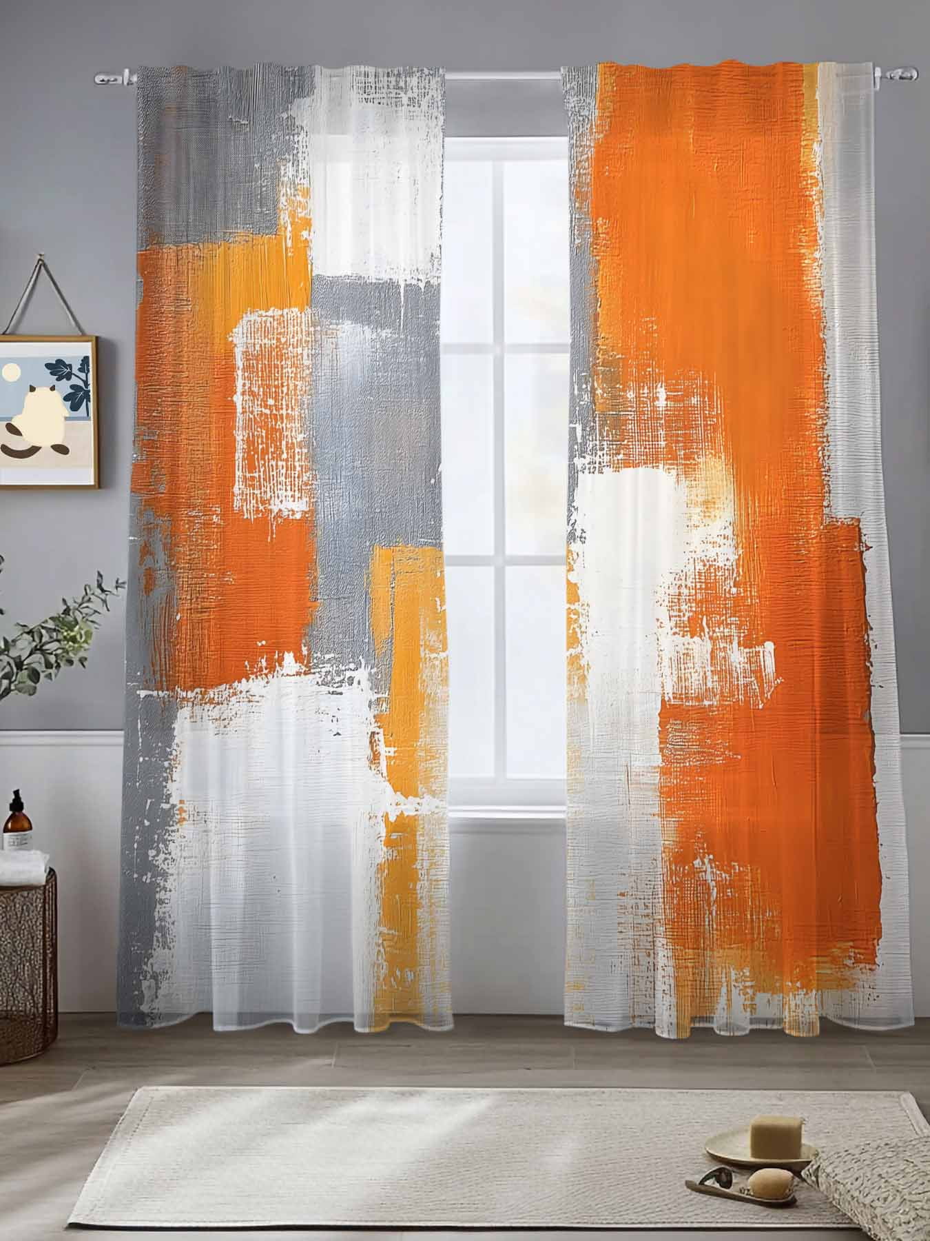 Orange Gray Sheer Curtains 108 Inches Long 2 Panels Geometric Graffiti ...