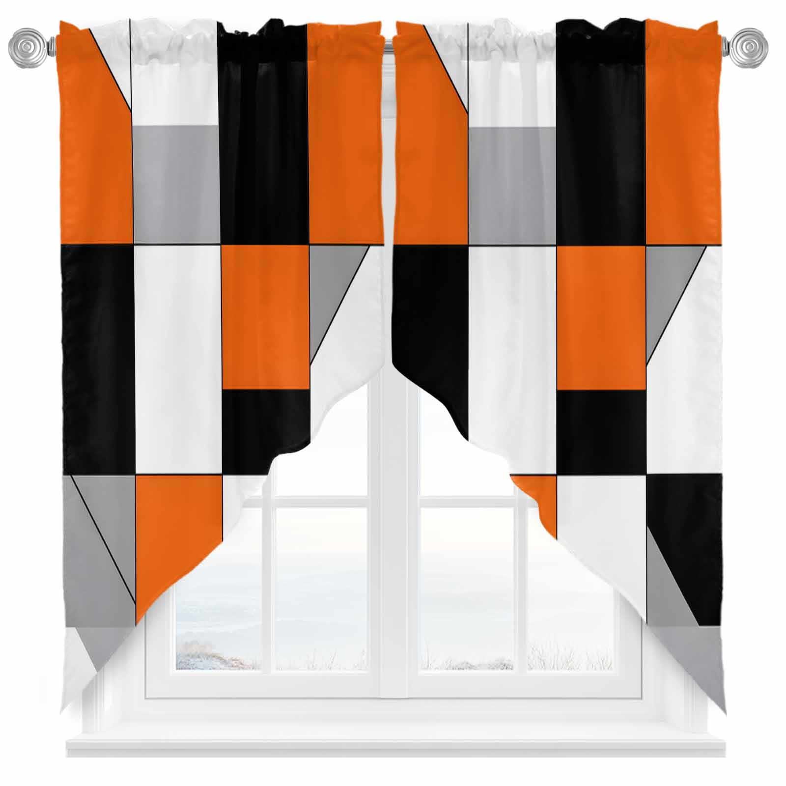 Orange Gray Swag Curtain Valance for Windows, Black Geometric Abstract ...