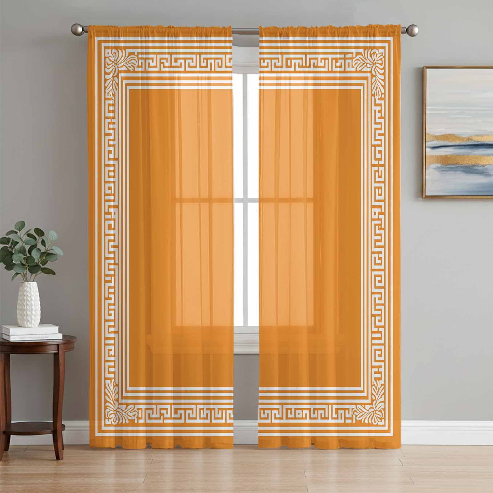 Orange Greek Key Semi Sheer Curtains 96 Inch Length 2 Panels Set, White ...