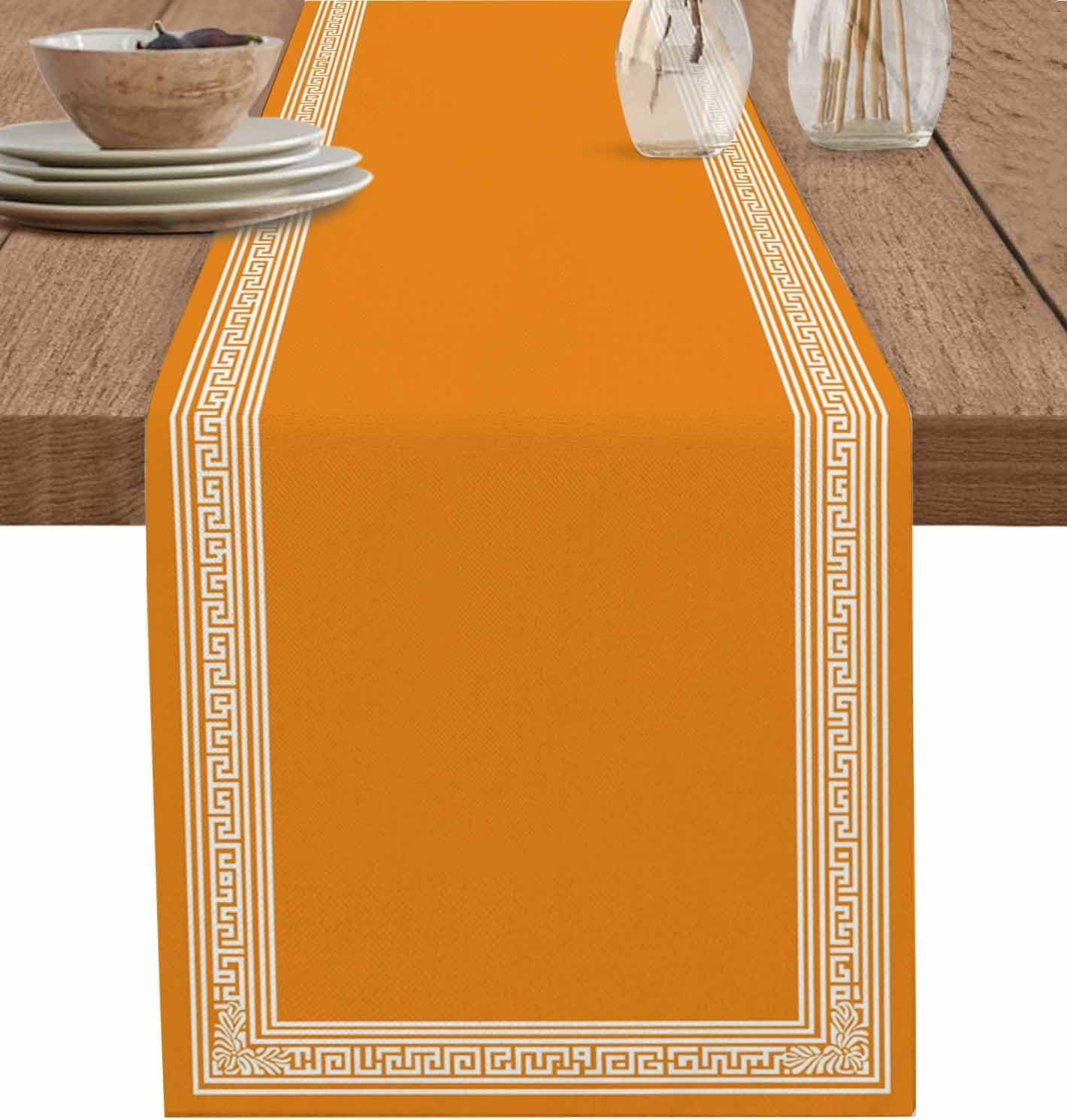 Orange Greek Key Table Runners 120 Inches Long, Cotton Linen Fabric ...