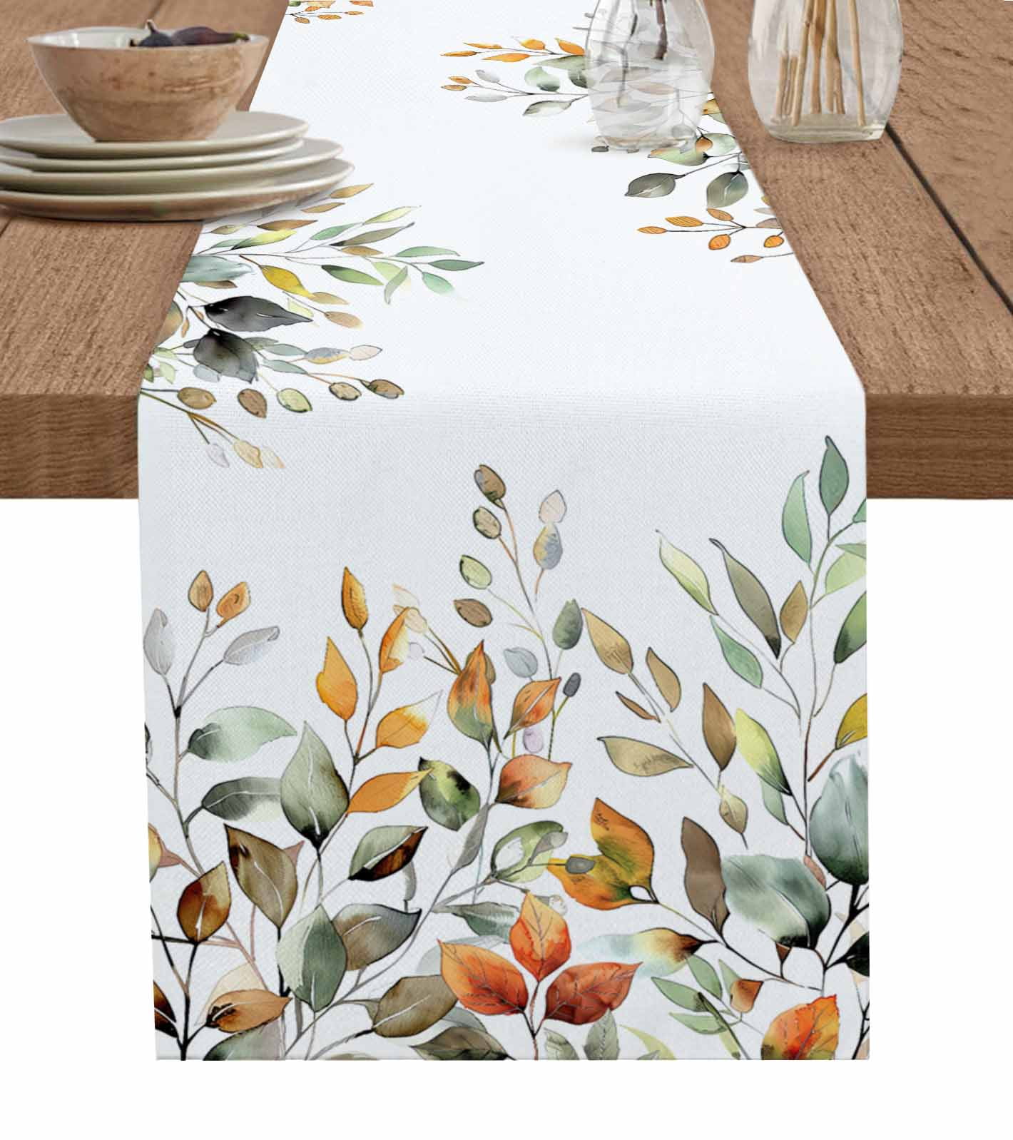 Orange Green Eucalyptus Leaves Burlap-Cotton Table Runner 120 Inches ...
