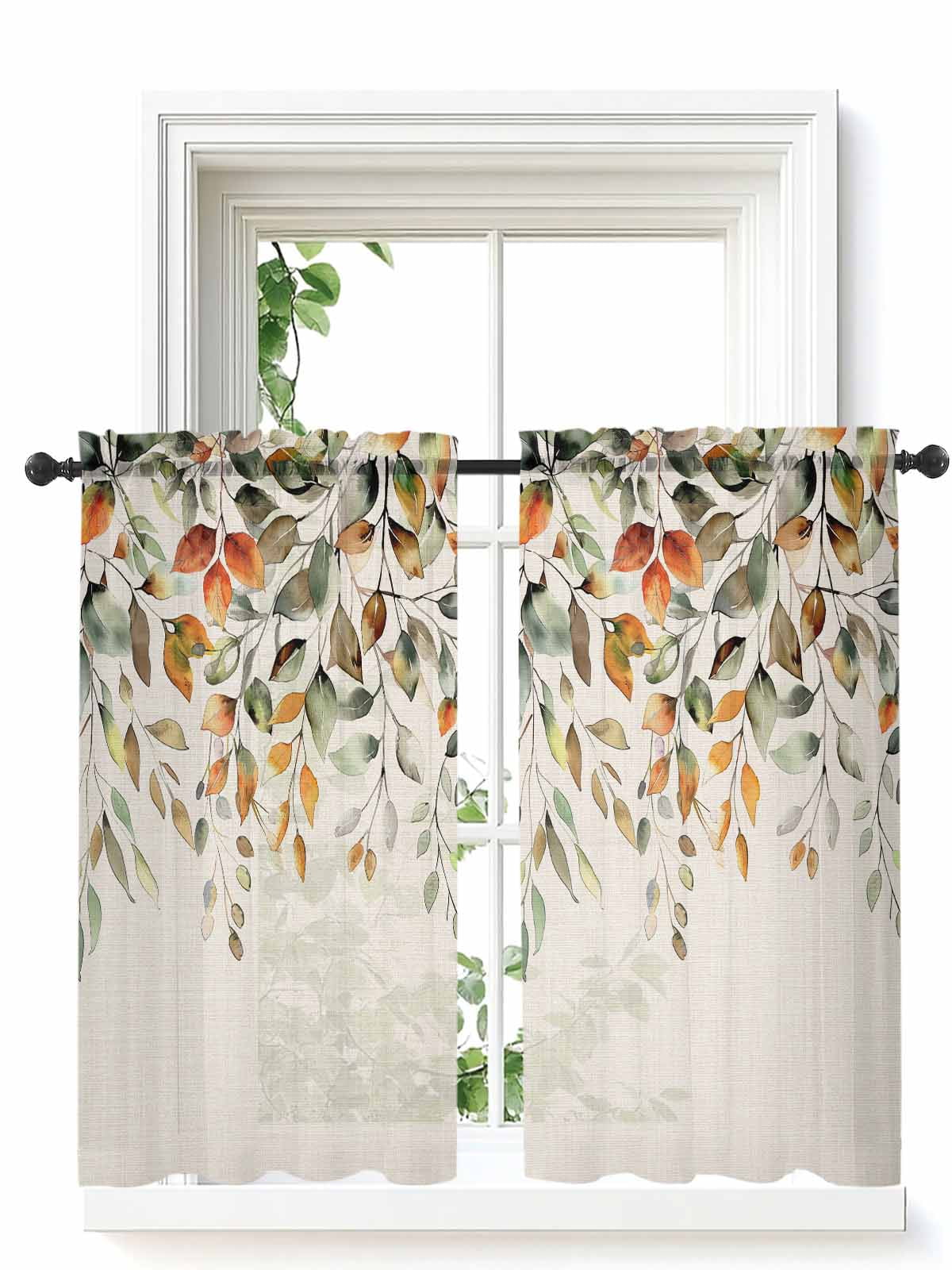 Orange Green Eucalyptus Leaves Curtains 54 Inch Length,Sheer Curtains ...