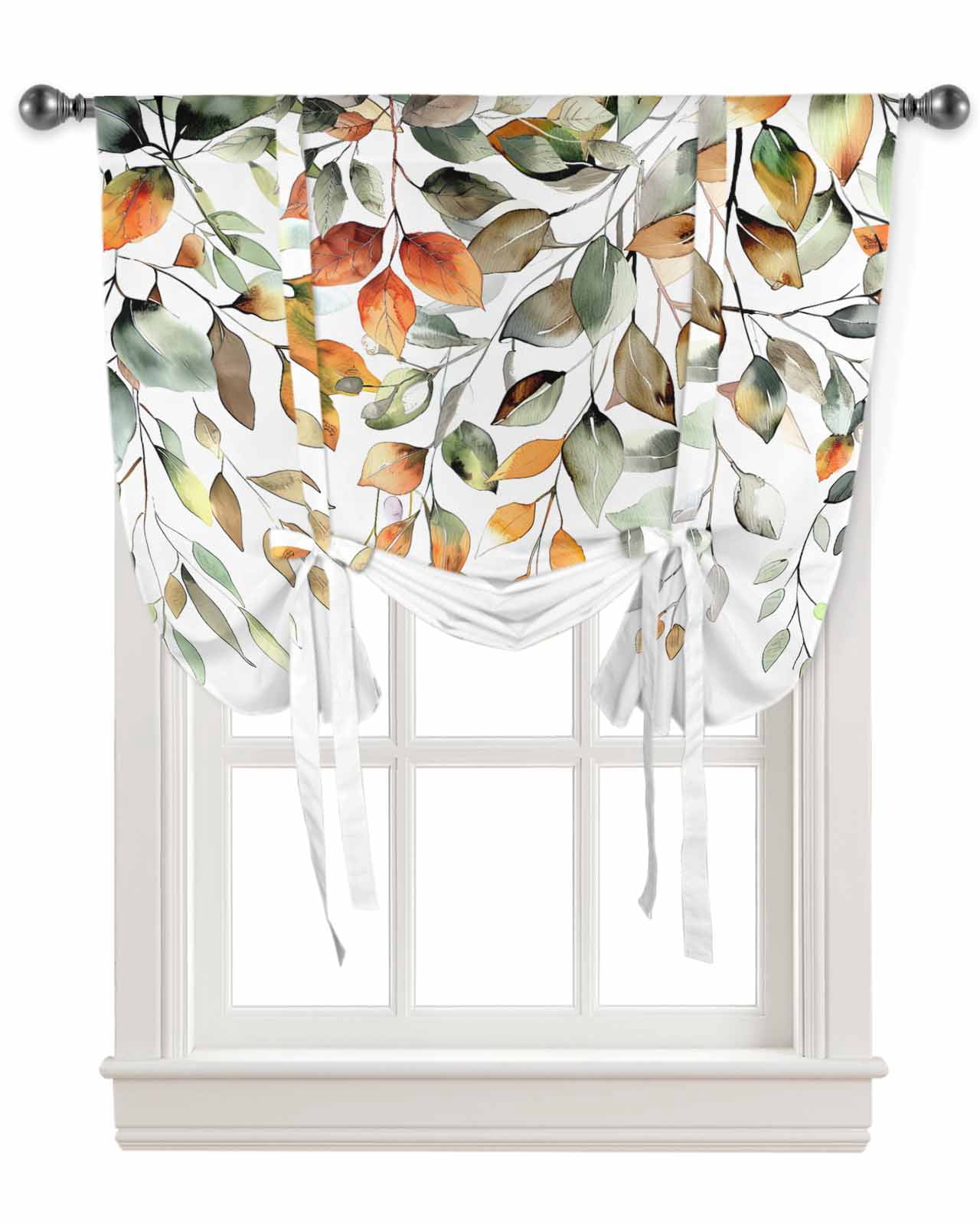 Orange Green Eucalyptus Leaves Tie Up Curtains for Kitchen Bathroom ...