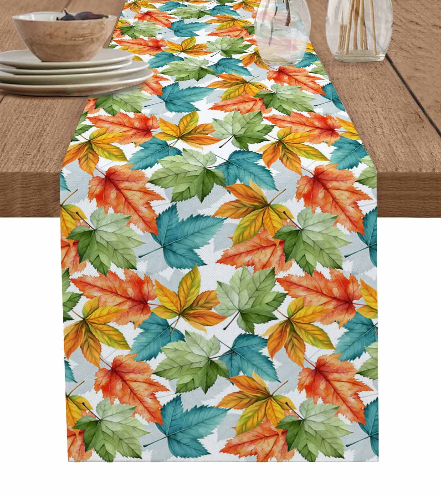 Orange Green Maple Leaf Table Runner Retro Botanical Watercolor Tablerunners 13 x 60 Inch, Table ...