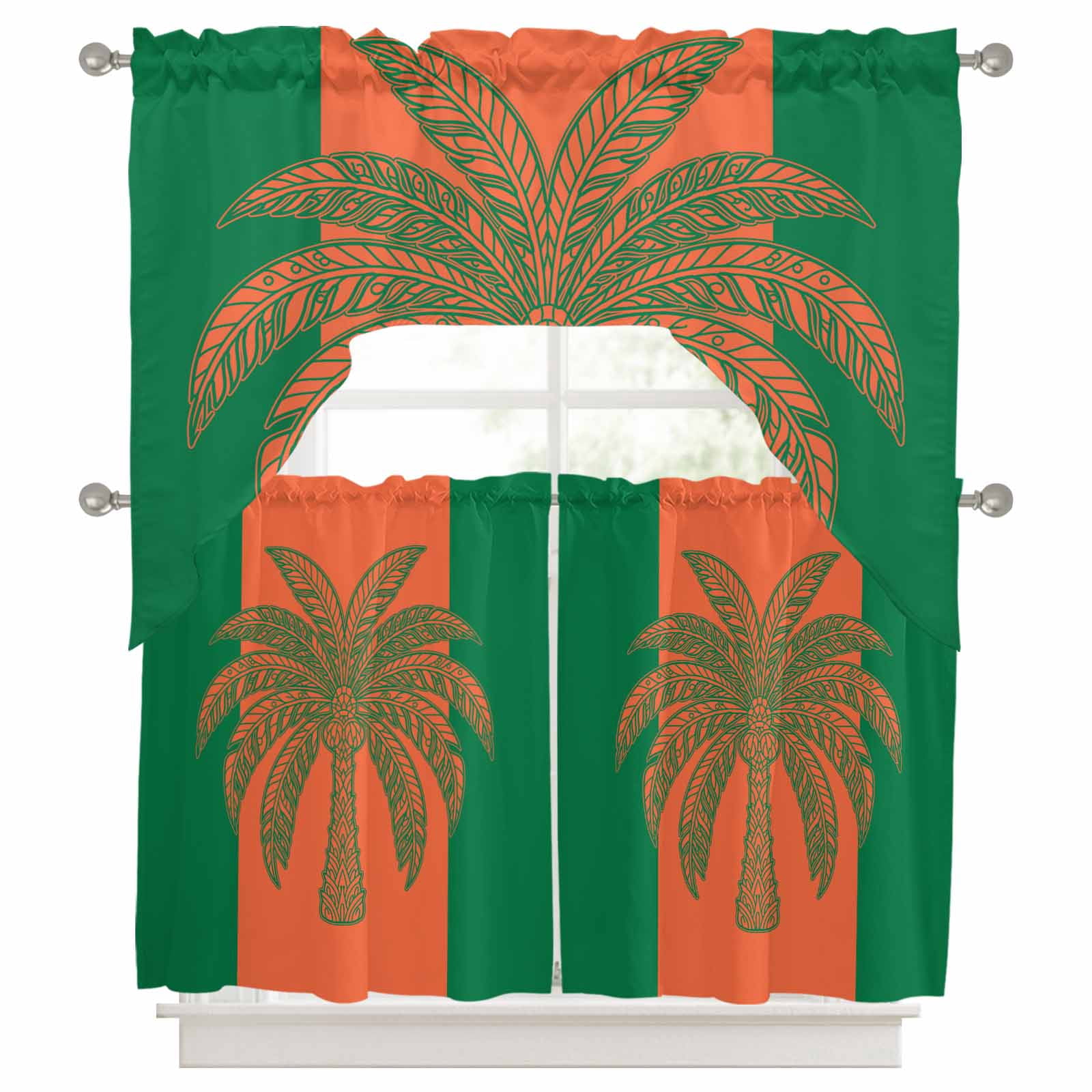 Orange Green Palm Tree Curtains Swag and Tiers Curtains Set, Summer ...