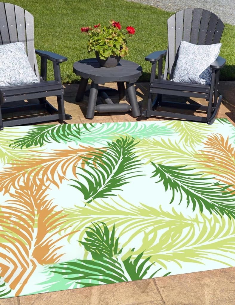 Orange Green Tropical Botanical Waterproof Indoor Outdoor Area Rug ...