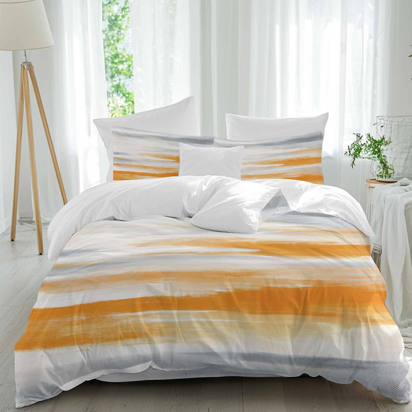 Orange Grey 4 Piece Duvet Cover Set Queen Size Abstract Retro Ombre ...