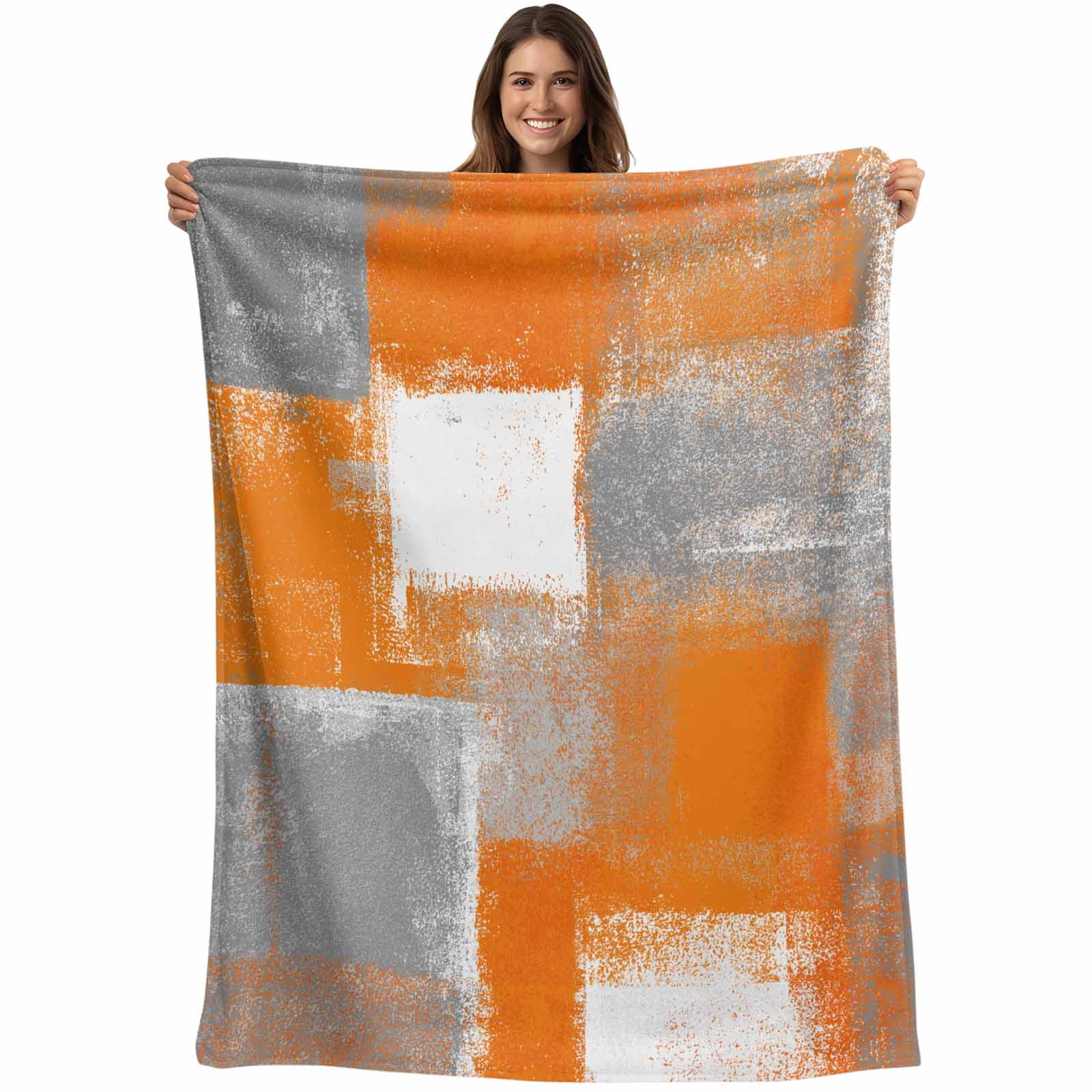 Orange Grey Abstract Paint Throw Blankets, Modern Rustic Graffiti Soft ...