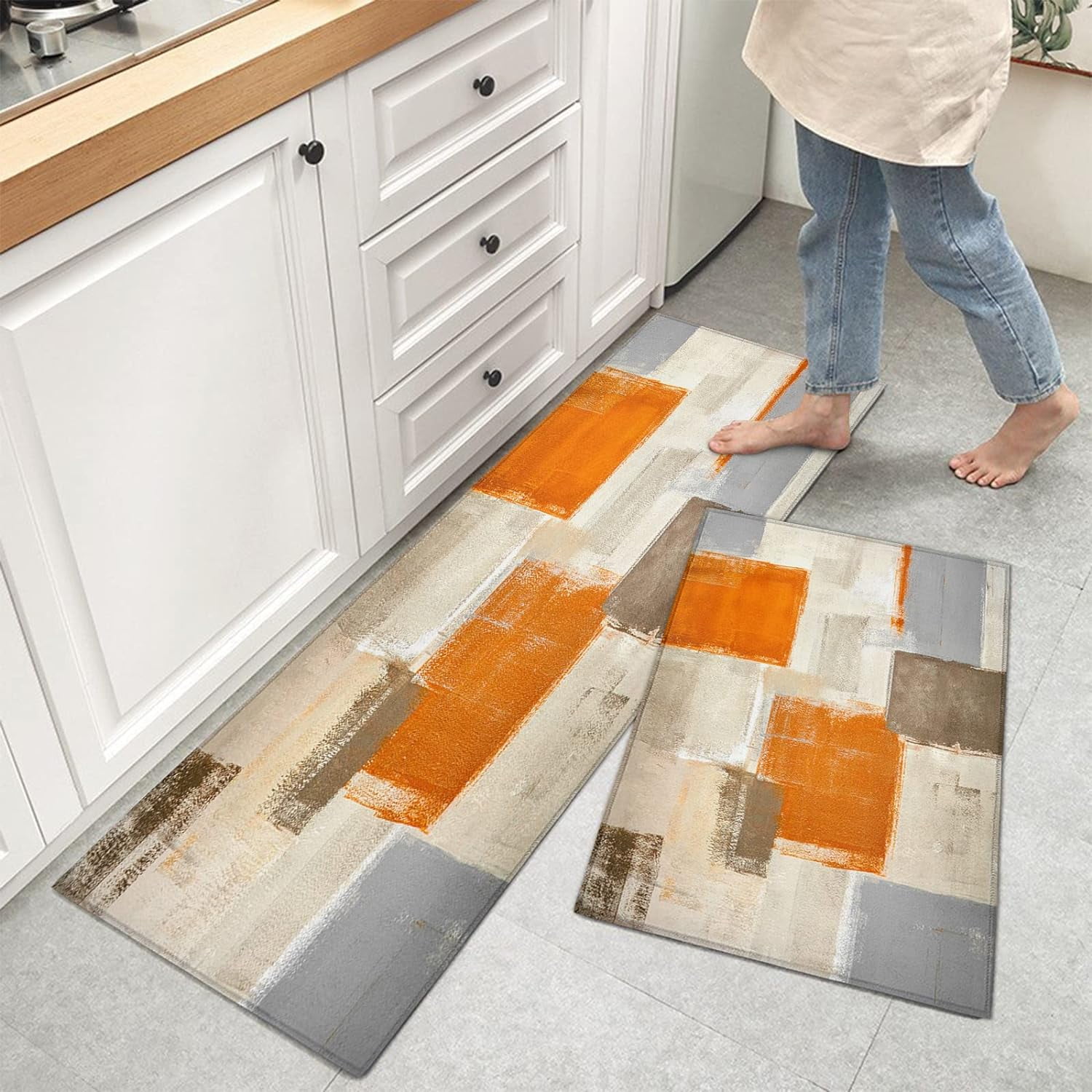 Orange Grey Abstract Painting Modern Art Pattern Kitchen Mats for Floor ...