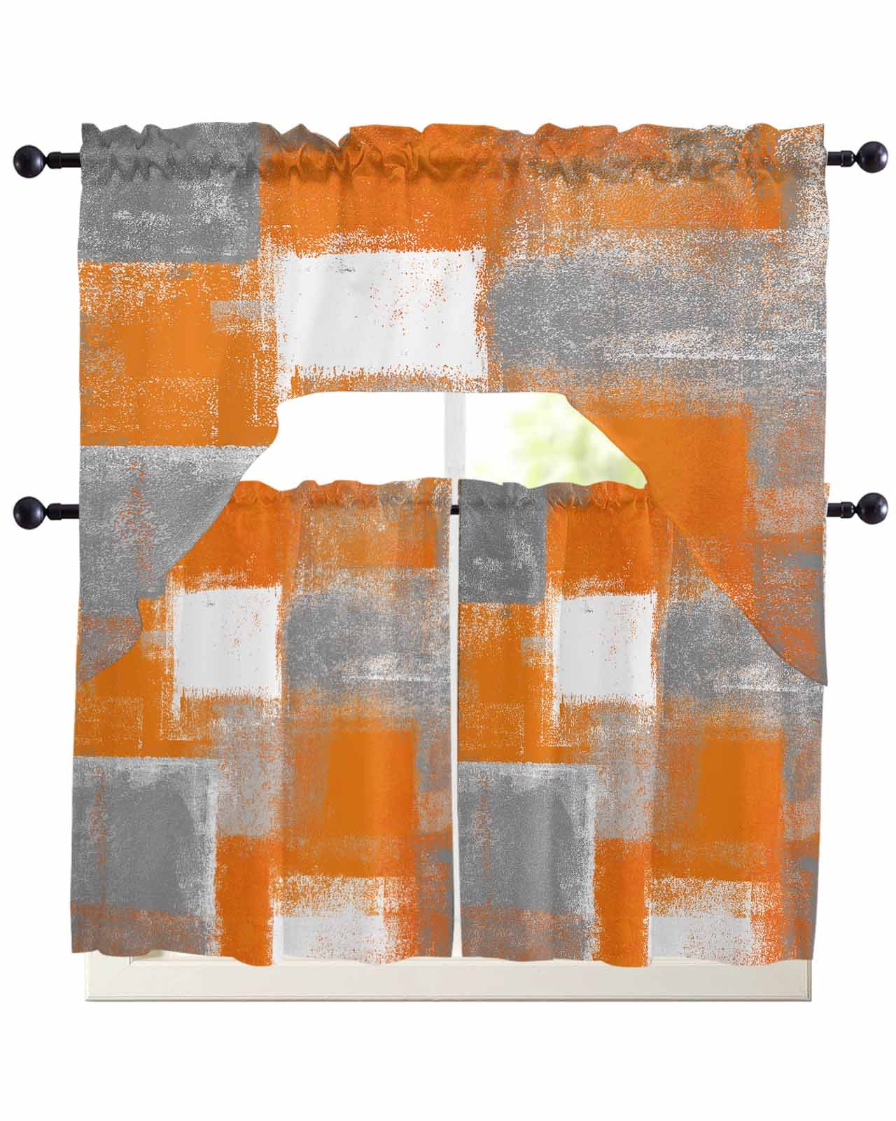 Orange Grey Abstract Swag Valance and Tier Curtains Set Vintage Modern ...