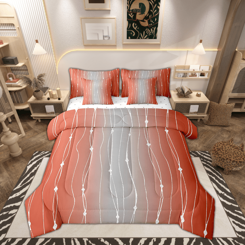 Orange and Grey Queen Comforter Set 7-Piece Gradient Ombre Bedding Comforter Sets, Wave Lines ...
