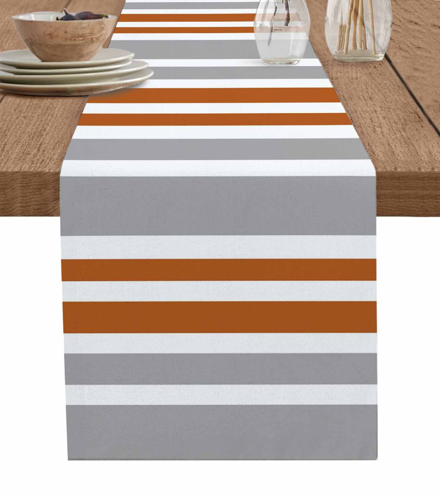 Orange Grey Stripes Table Runners 108 Inches Long, Cotton Linen Fabric ...