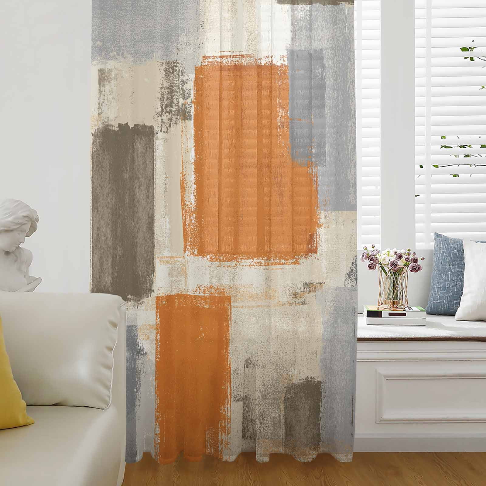 Orange Grey Window Curtain 108 Inches Long,Rustic Farmhouse Graffiti ...
