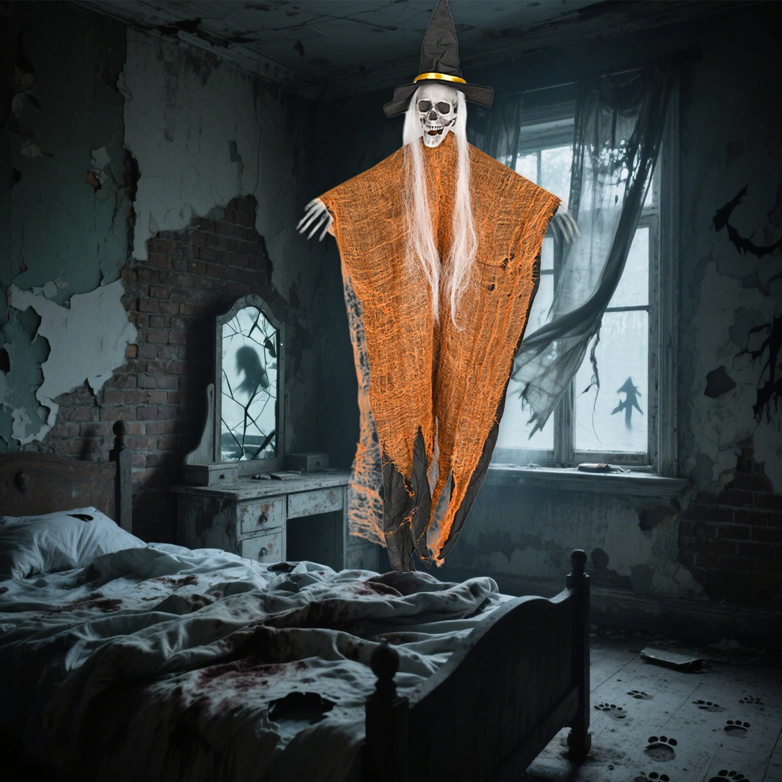 Orange Halloween Decoration Skeleton Hanging Ghost With Hat Witch Prop ...