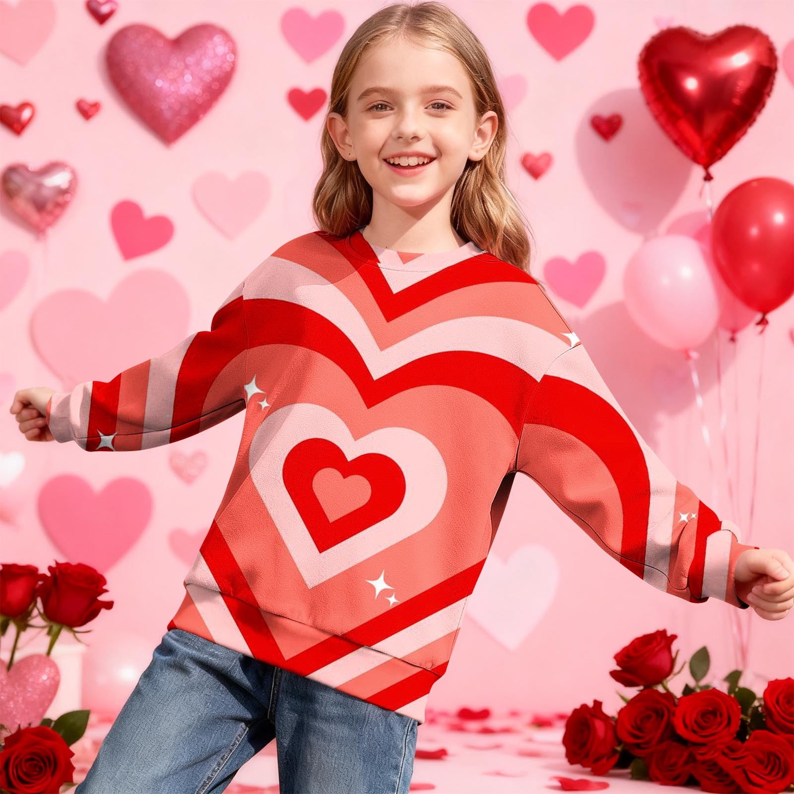 Orange Heart Print Girls Crewneck Sweatshirt, Valentine's Day Soft ...