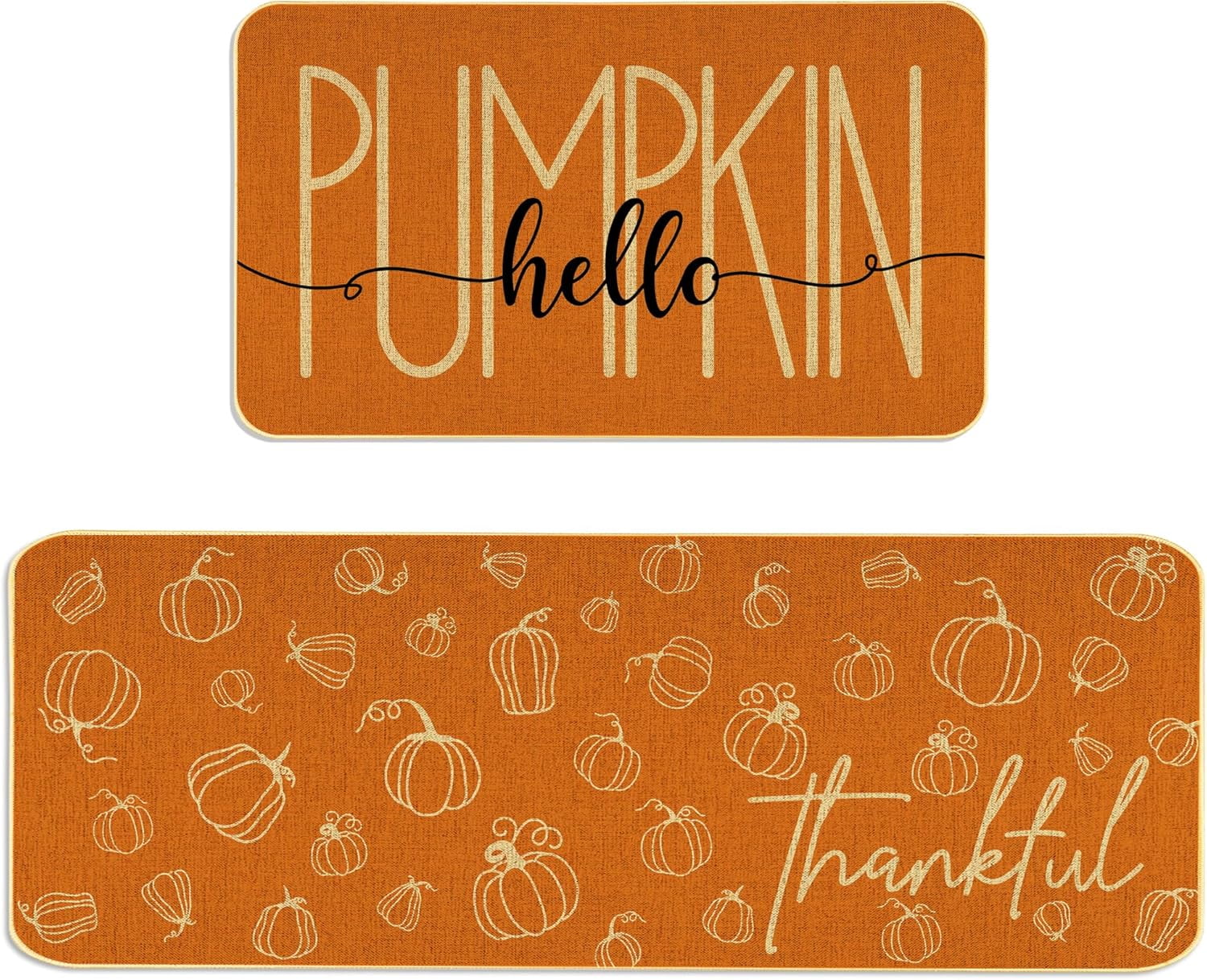 Orange Hello Pumpkin Fall Kitchen Mats Set of 2 Thanksgiving Decorative ...