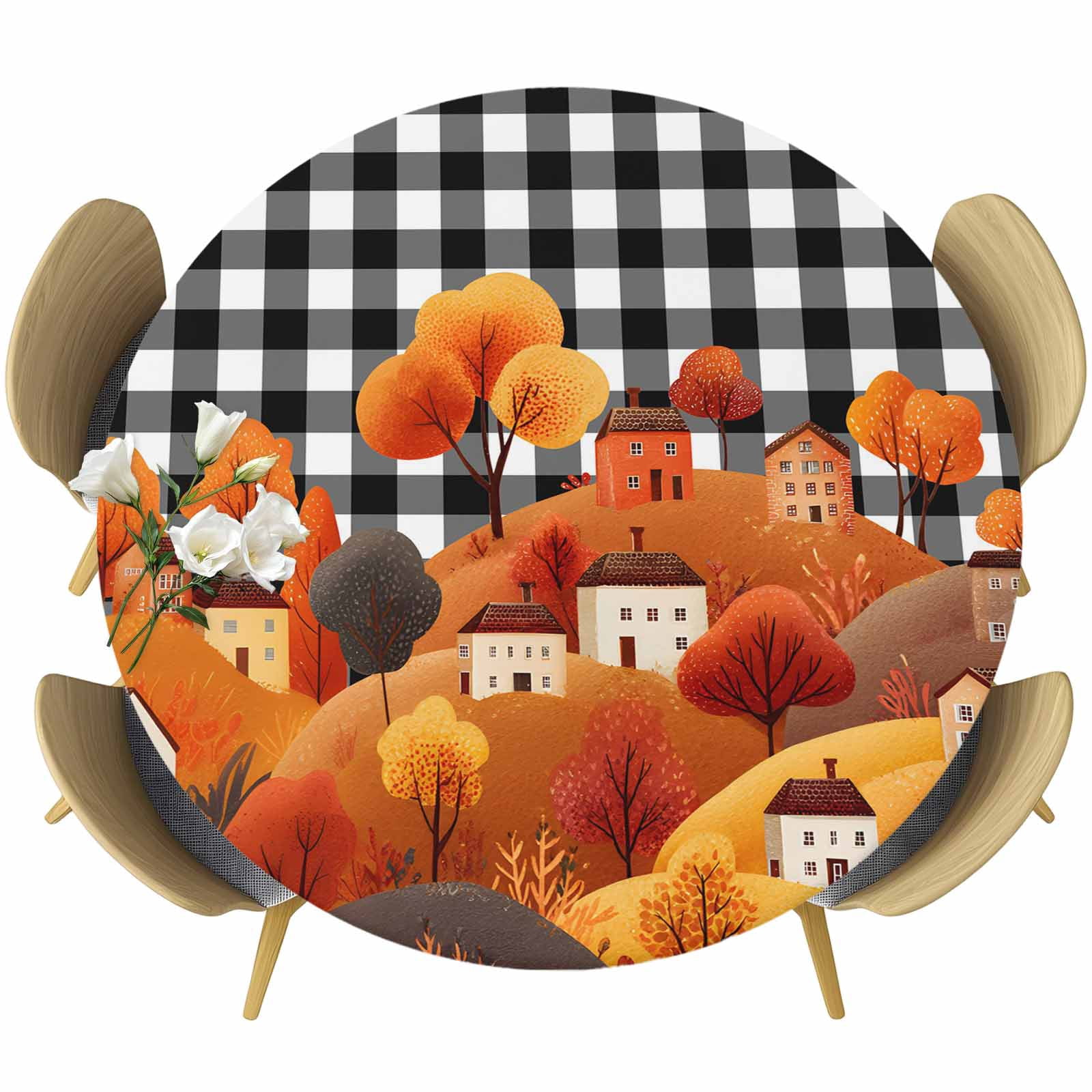 Orange Hill Fall Round Tablecloth, Fitted Table Cover with Elastic for ...