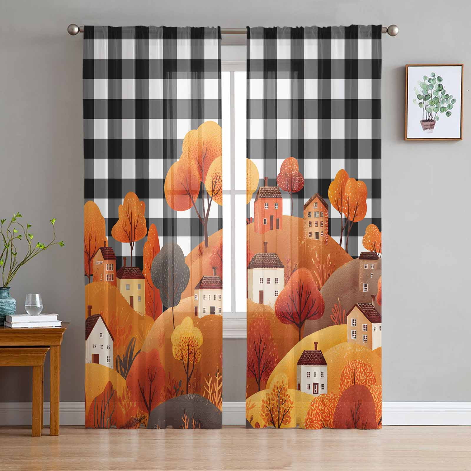 Orange Hill Fall Sheer Curtains 84 Inches Long 2 Panels Set, Window ...