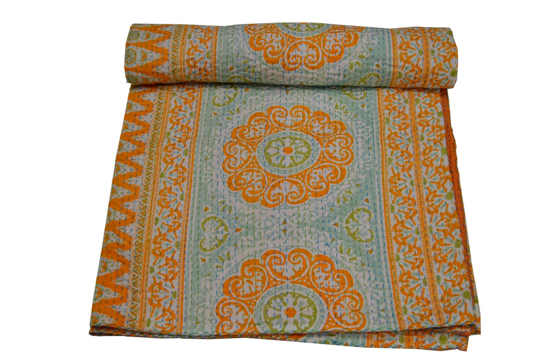 Orange Kantha Hand Floral Block Print Cotton Kantha Quilt Indian Kantha ...