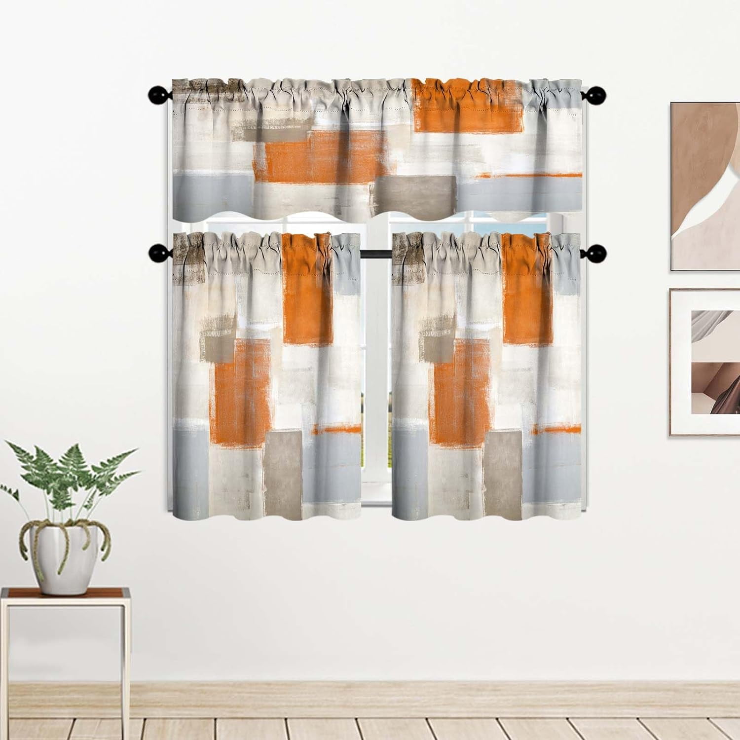 Orange Kitchen Curtain Valance and Tiers, 3Pcs Abstract Art Valance Set ...
