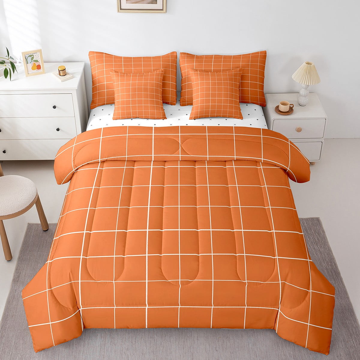 Orange Lattice Full Bed in a Bag Farmhouse Geometric Grid Comforter Set ...