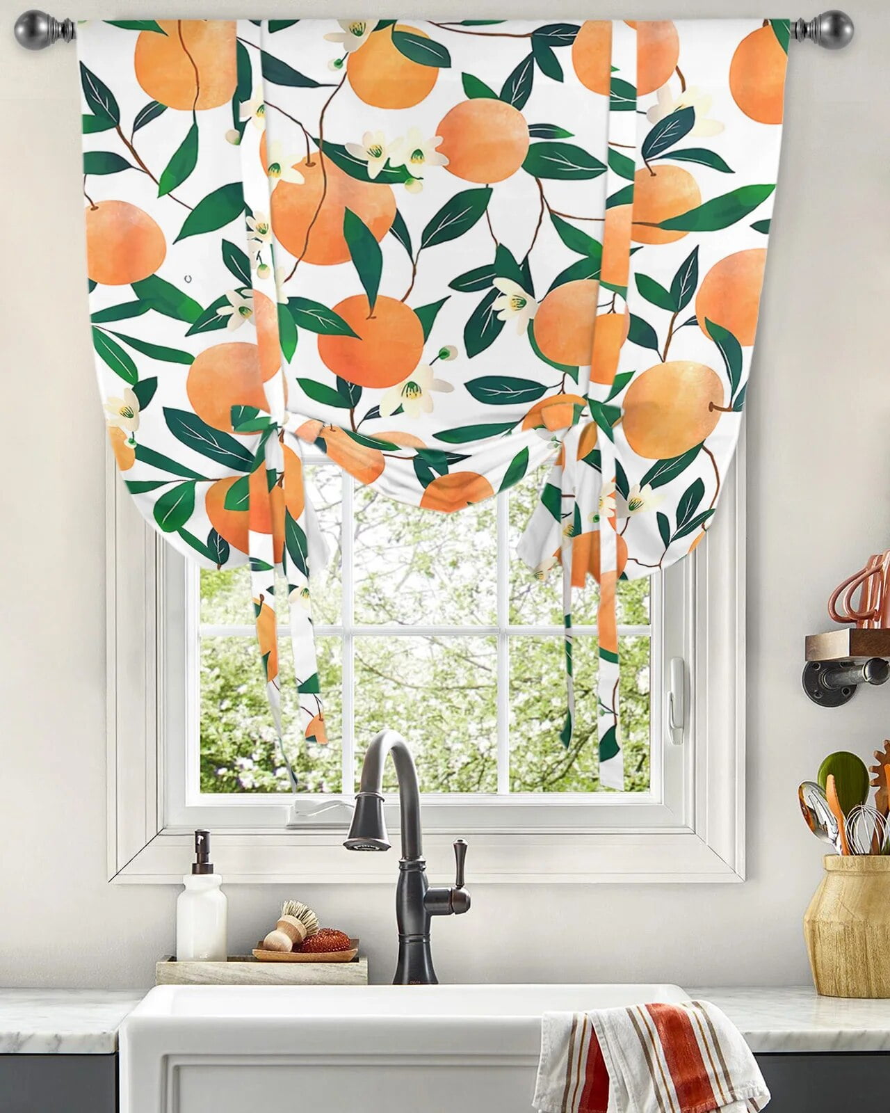 Orange Leaf Flower Branch Fruit Window Curtain for Living Room Kitchen ...