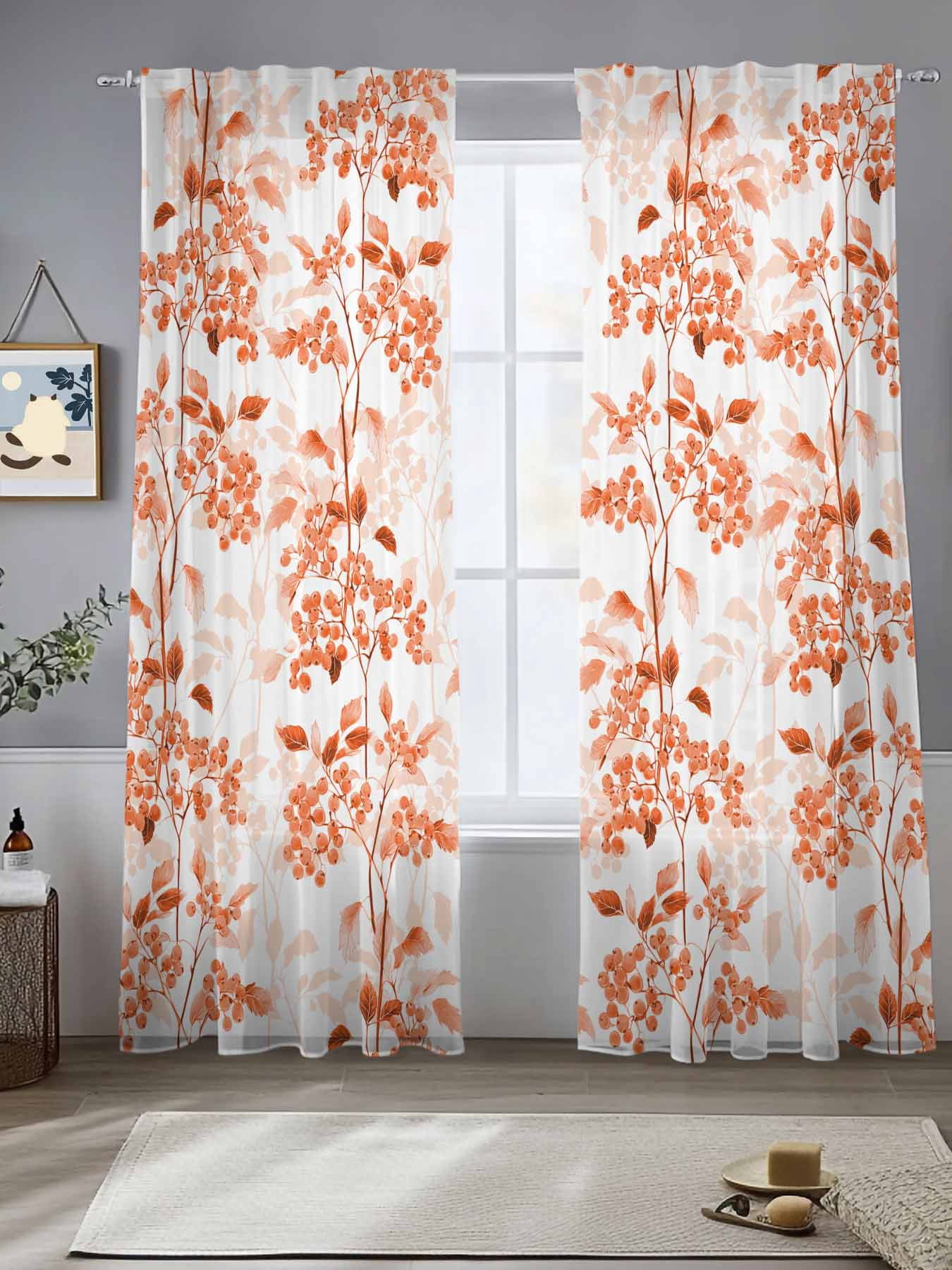 Orange Leaf Fruit Sheer Curtains 84 Inches Long 2 Panels Plant Nature ...
