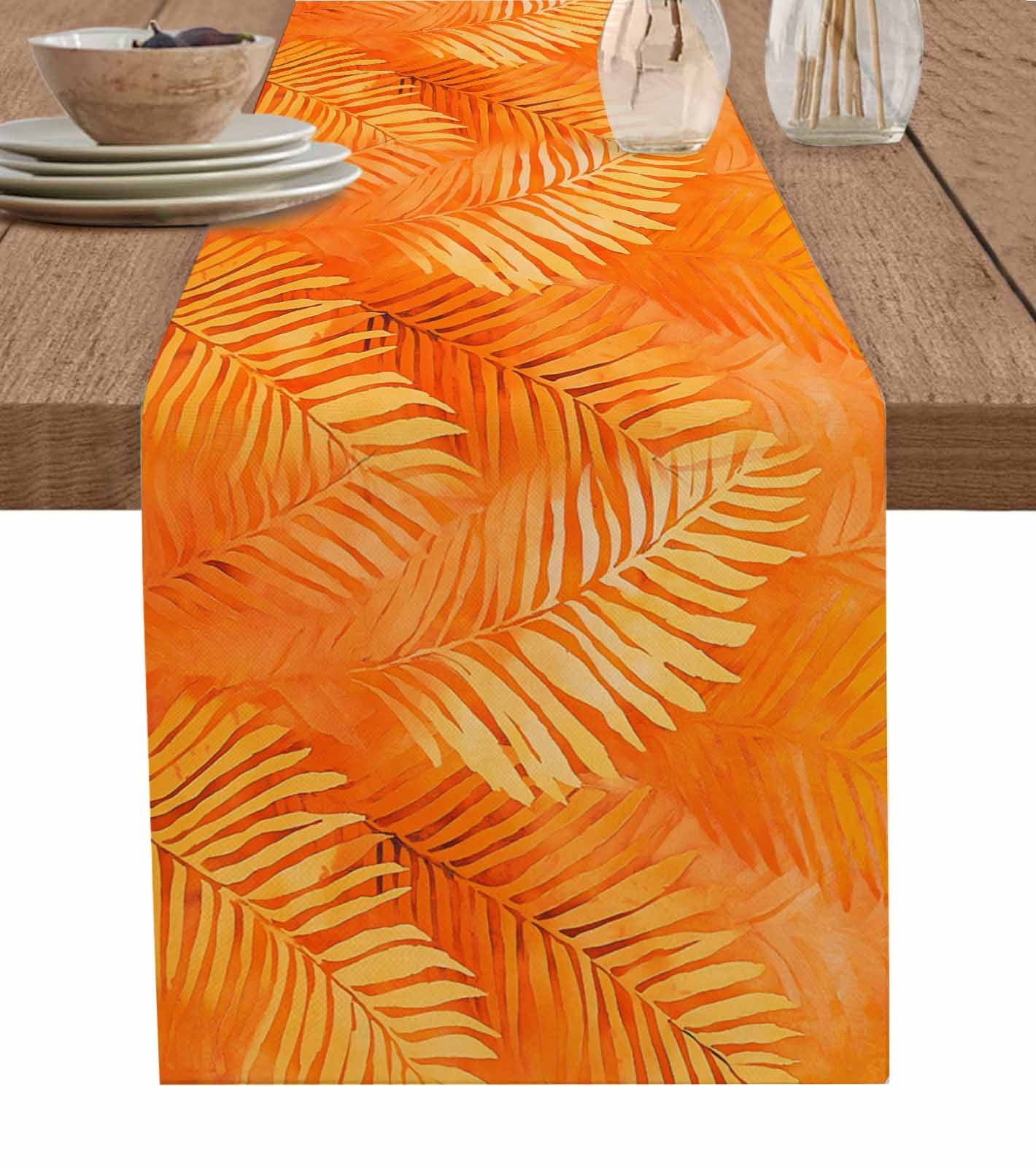 Orange Leaf Table Runner 70 Inches, Tropical Botanical Palm Leaf ...