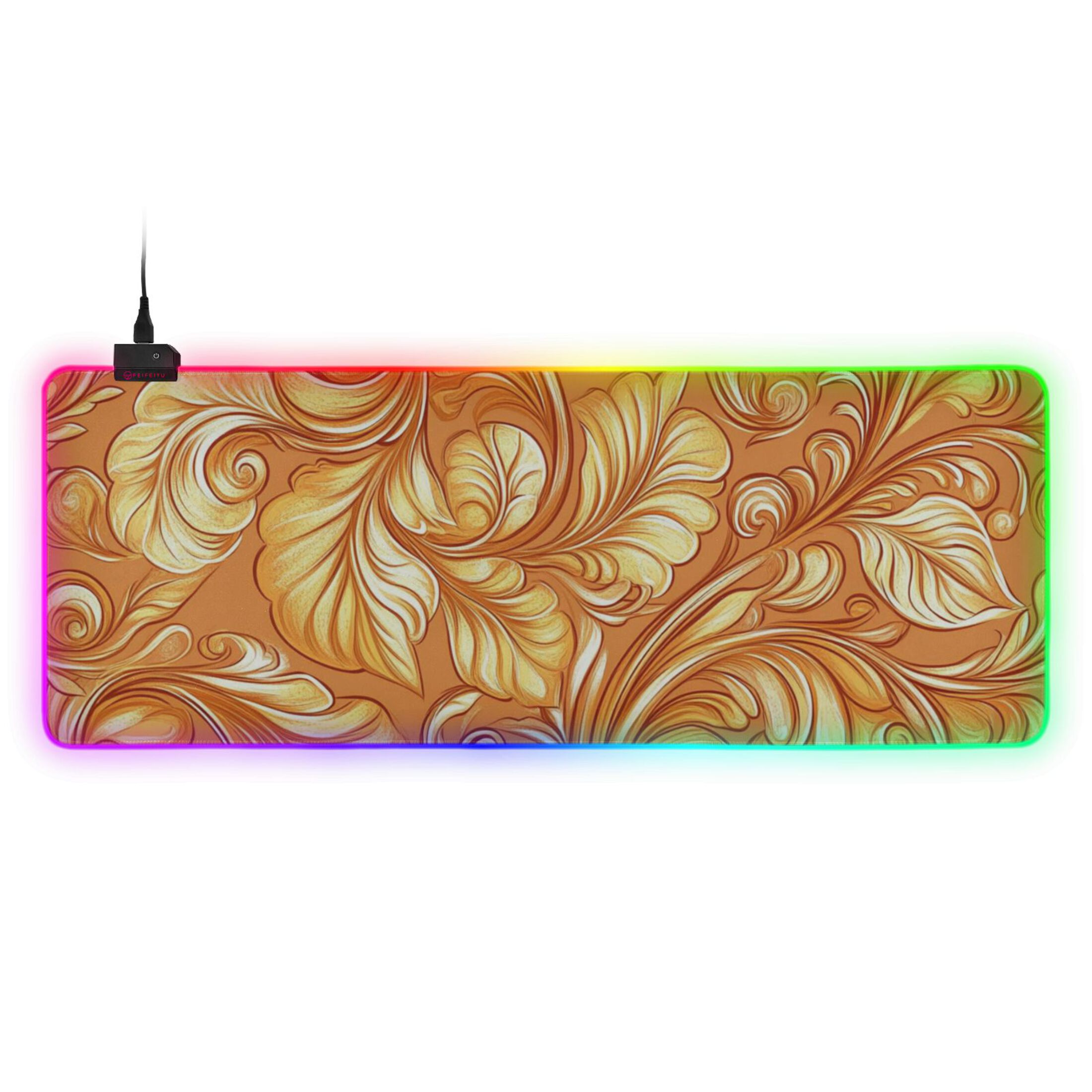 Orange Leaves and Swirls RGB Gaming Mouse Pad Large Keyboard Mat Rubber ...