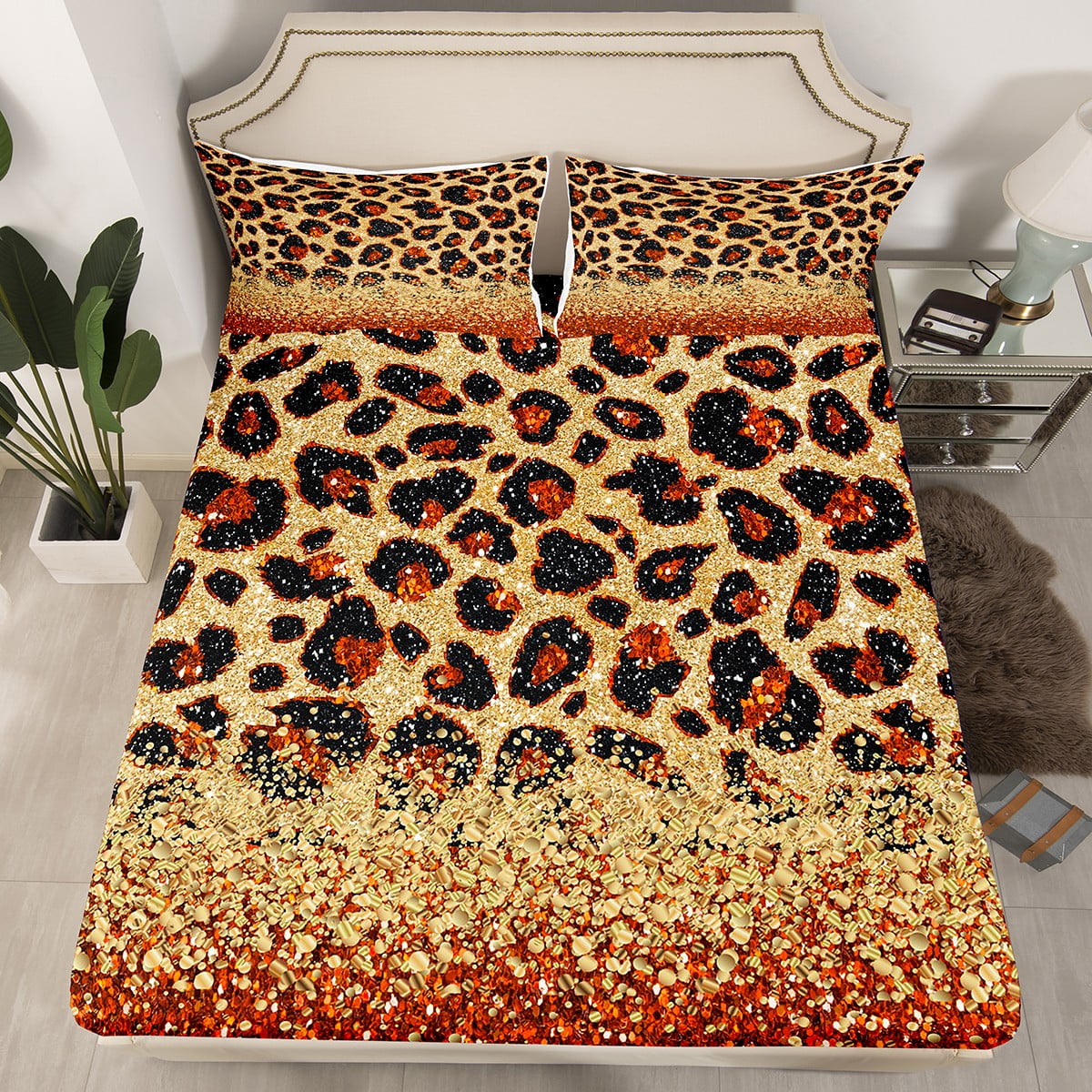 Orange Leopard Print Fitted Sheet Gold Sequins Print Sheets,Wild Animal ...
