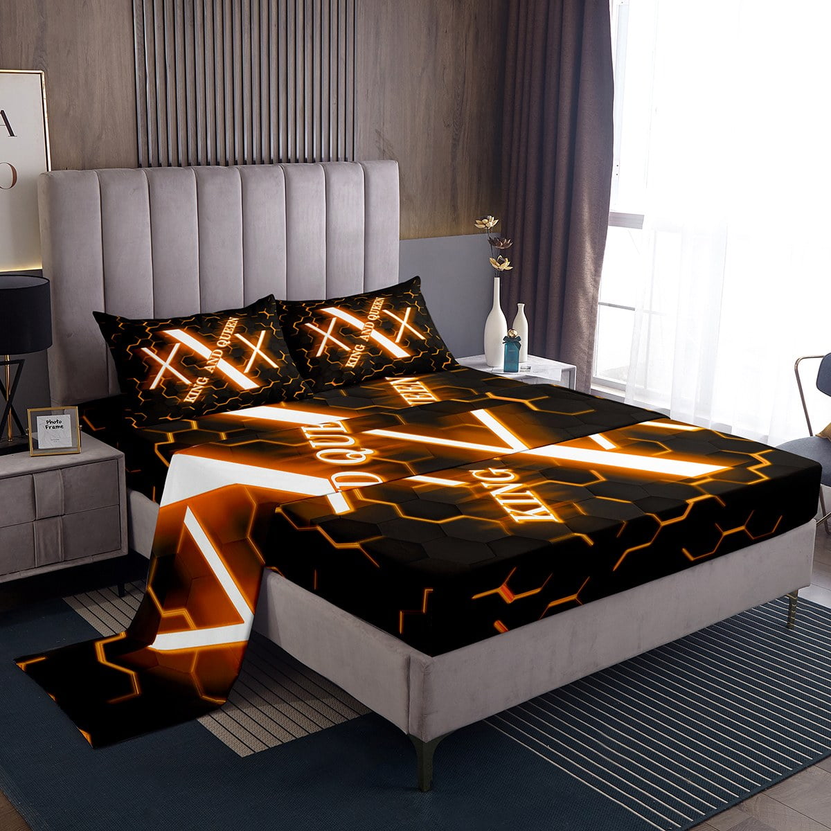 Orange Letter X Decor Bed Sheets Set Queen Size Honeycomb Print Sheet ...