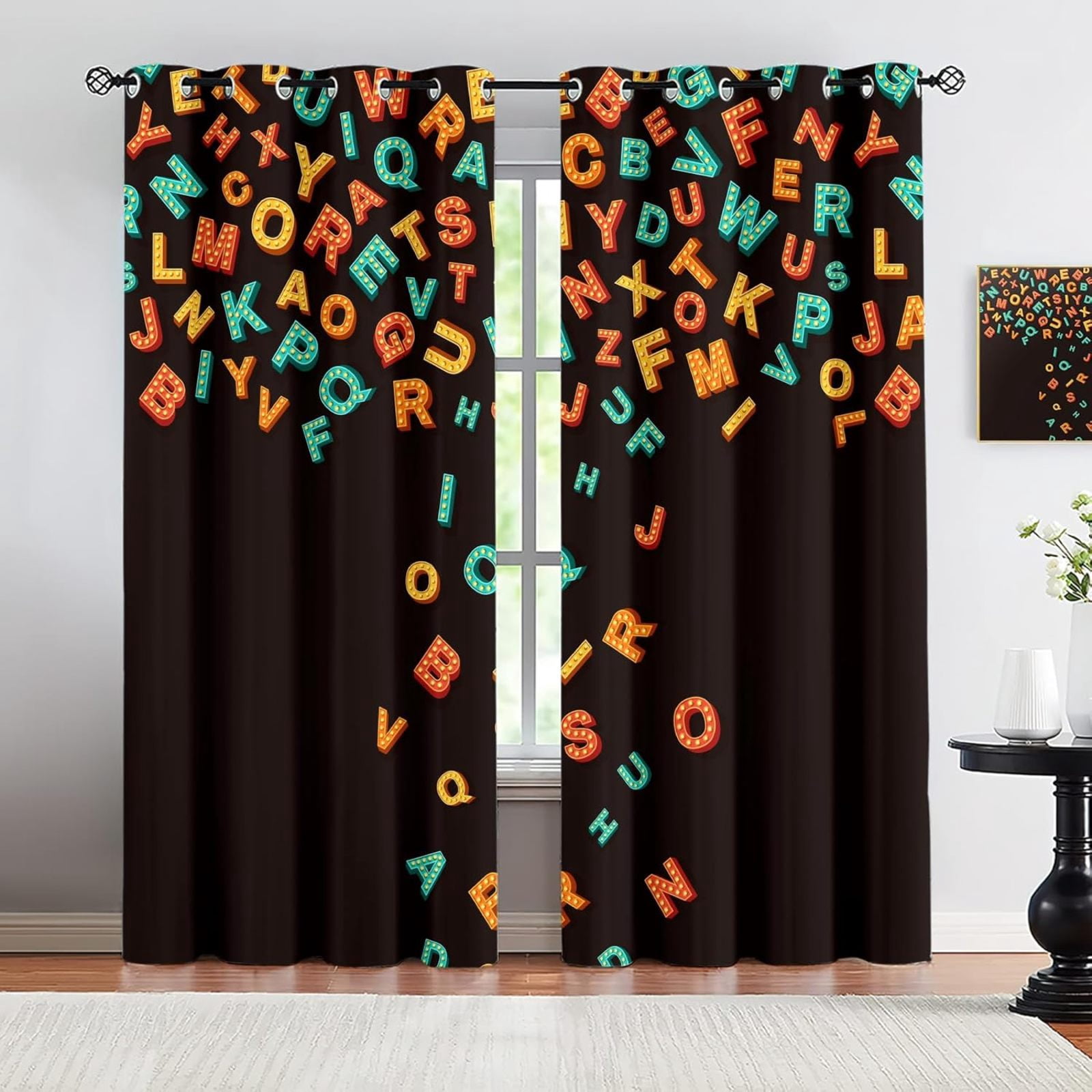 Orange Letters Grommet Curtains, Dropped English Letters Grommet Drapes ...