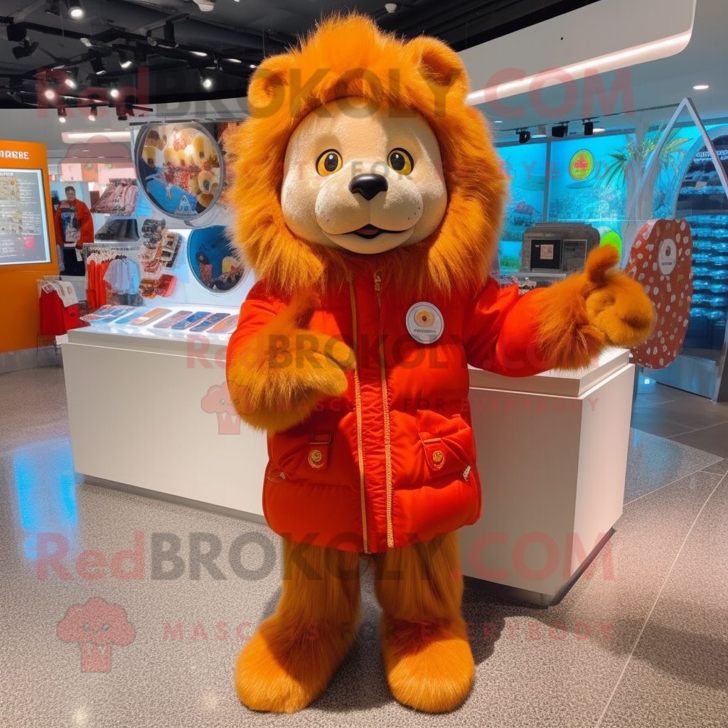 Orange Lion REDBROKOLY mascot costume character dressed with a Parka ...