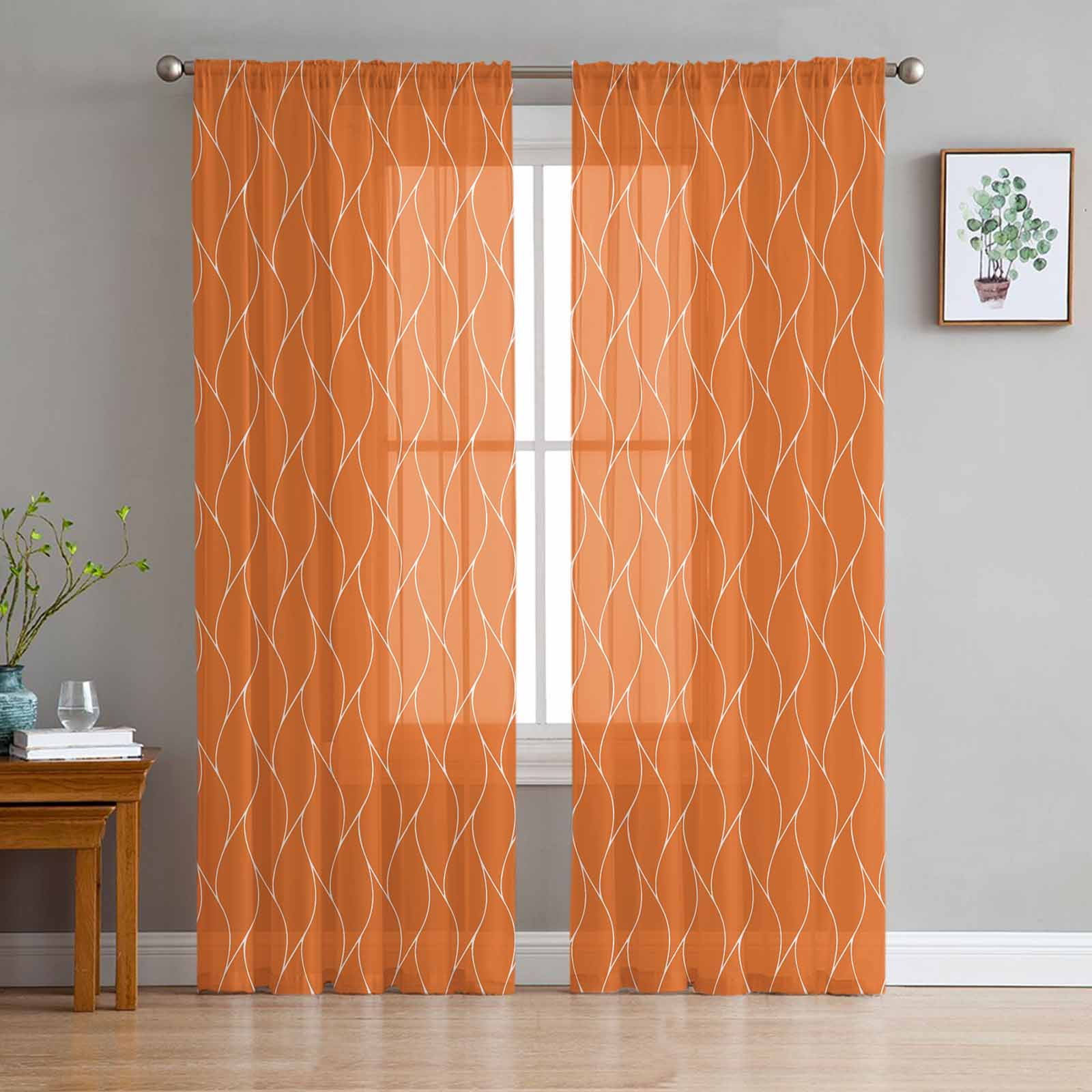 Orange Long Wave Pattern Texture Sheer Curtains for Living Room Bedroom ...