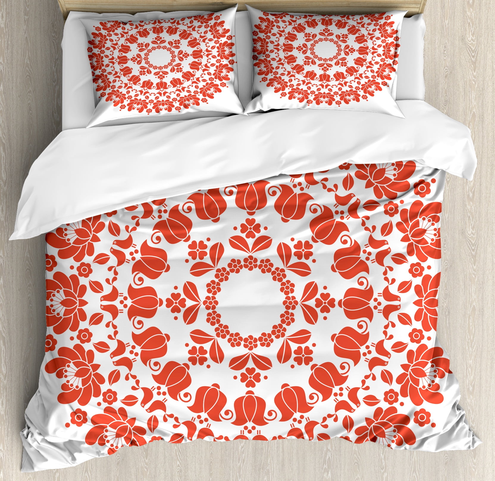 Orange Mandala Duvet Cover Set, Hungarian Round Folk Art Pattern Tulips ...