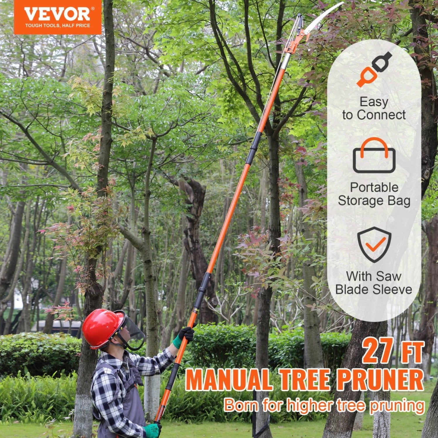 Orange Manual Pole Saw 7.3-27 Ft Extendable Tree Pruner Sharp Steel ...