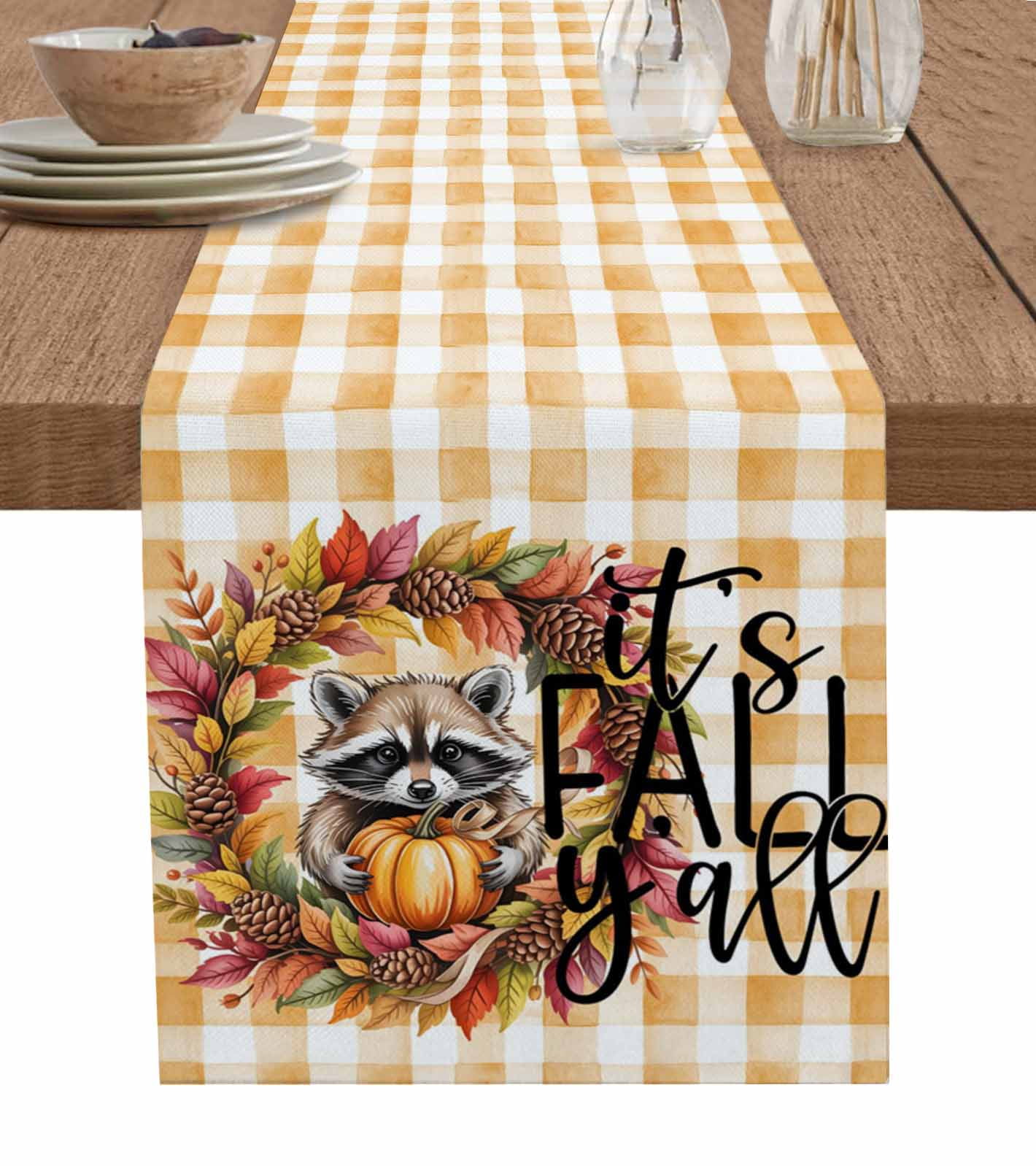 Orange Maple Leaves Table Runner 72 Inches, Fall Raccoon Pumpkins ...